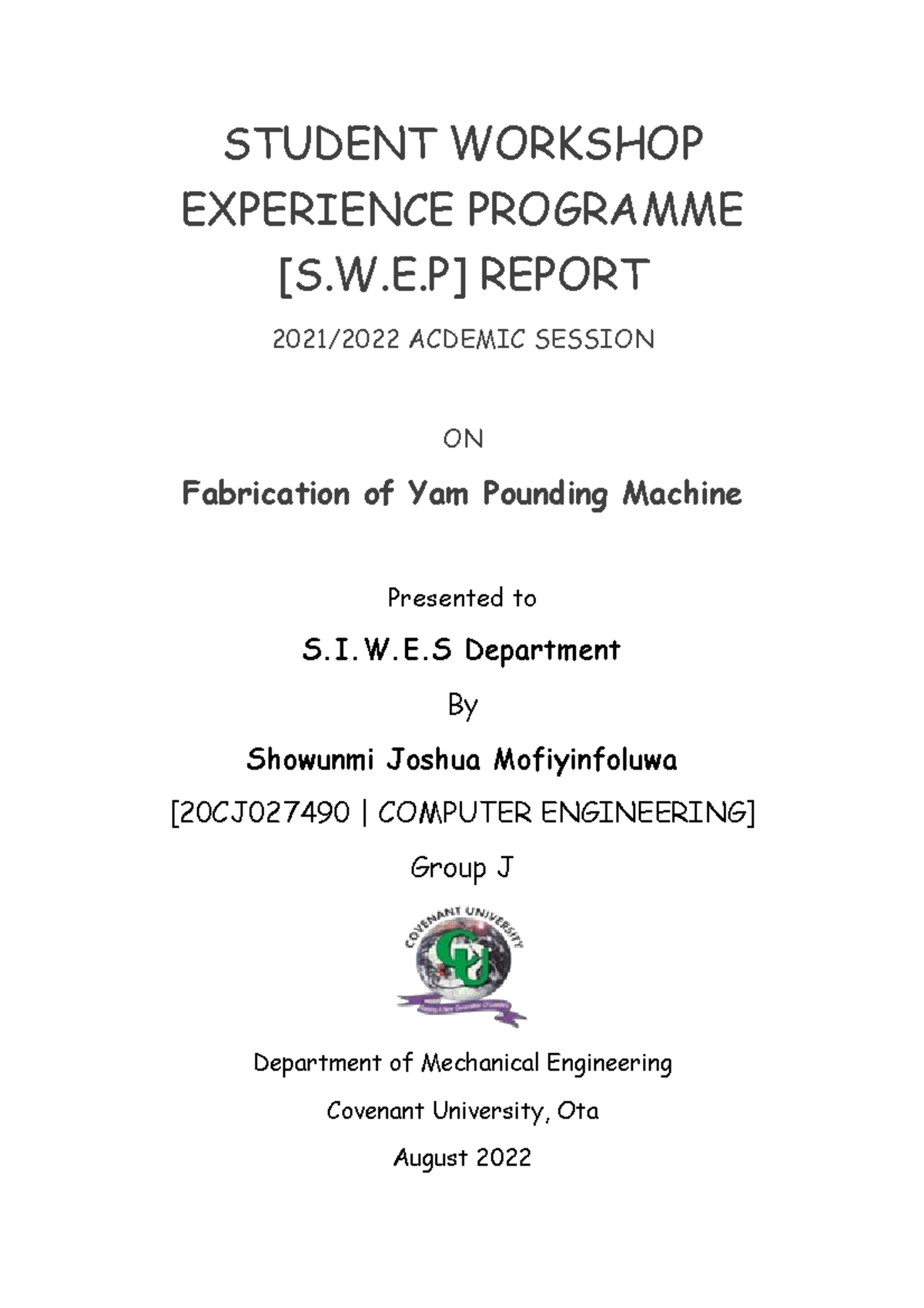 Josh's Report - GEC229 - STUDENT WORKSHOP EXPERIENCE PROGRAMME [S.W.E ...