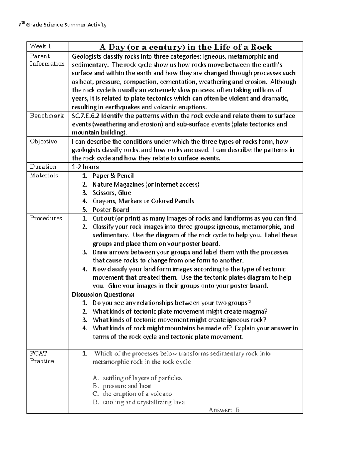 Gr7 Rock Cycle-Week-1-SC.7.E - Week 1 A Day (or a century) in the Life ...