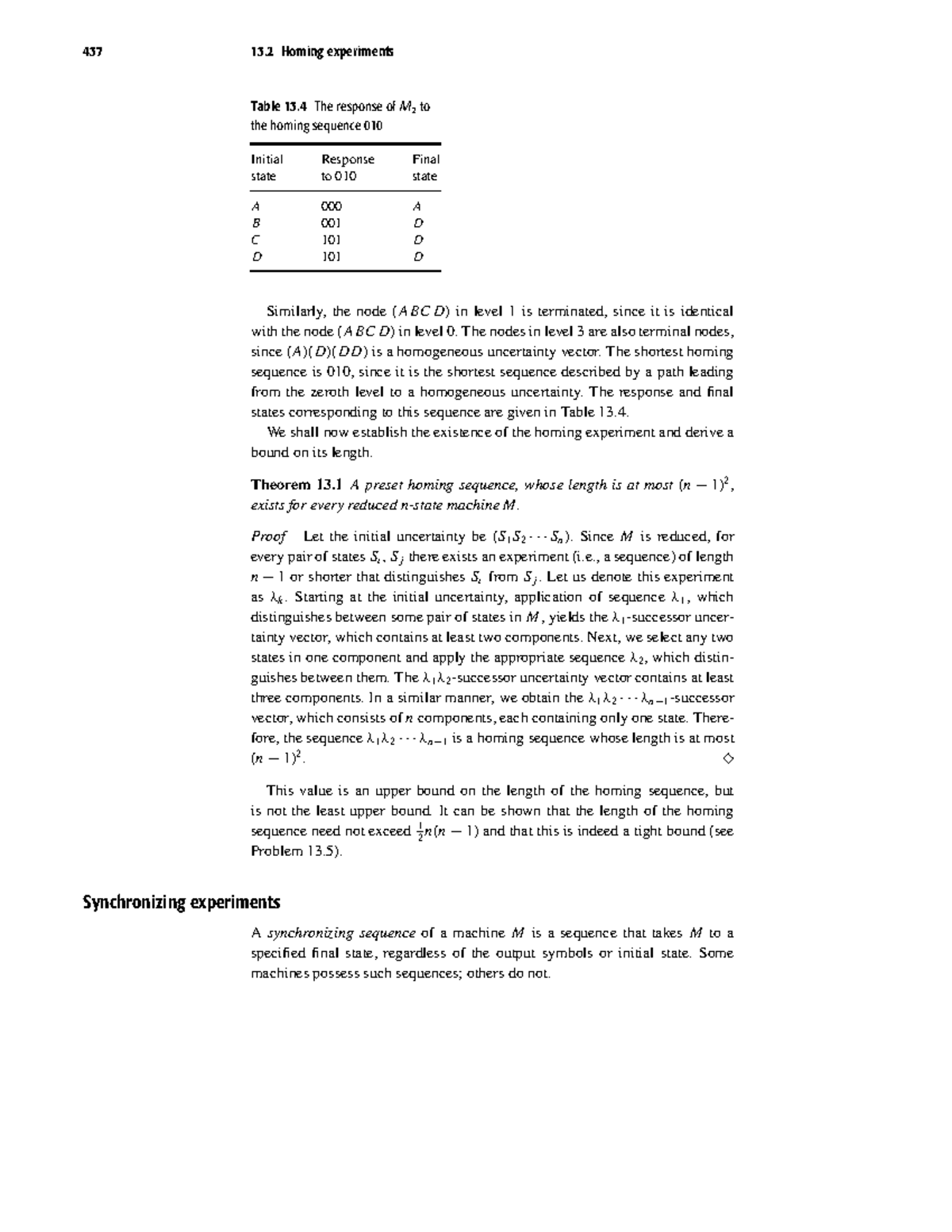 Z.kohavi Switching and finite Automata theory-8 - 437 13 Homing experiments Table 13 The ...