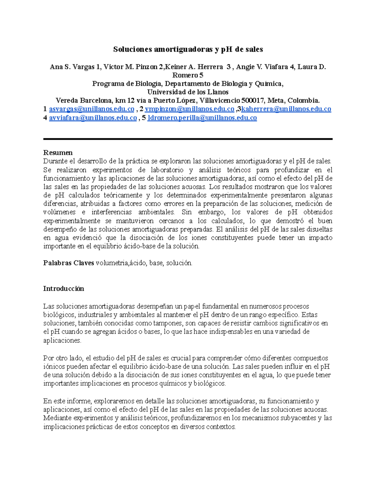 Plantilla informe - gym - Soluciones amortiguadoras y pH de sales Ana S. Vargas 1, Victor M ...