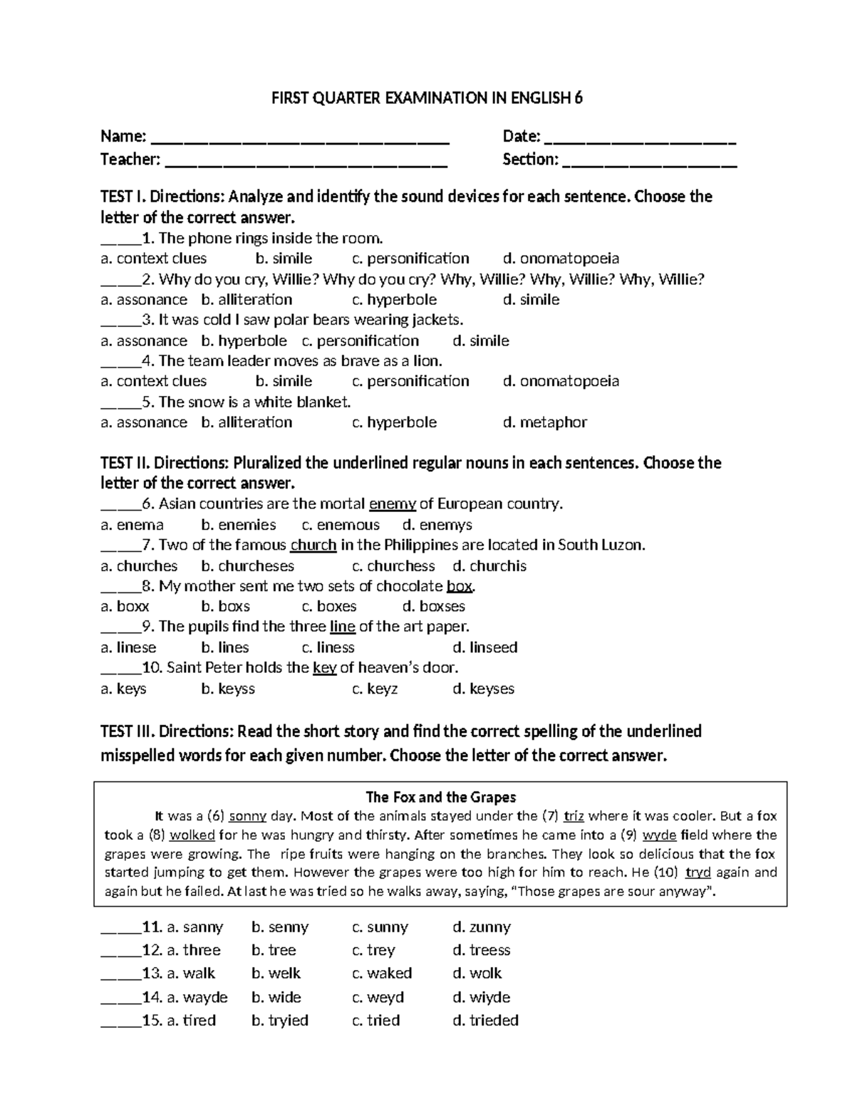 PT English 6 Q1 - periodical test - FIRST QUARTER EXAMINATION IN ...