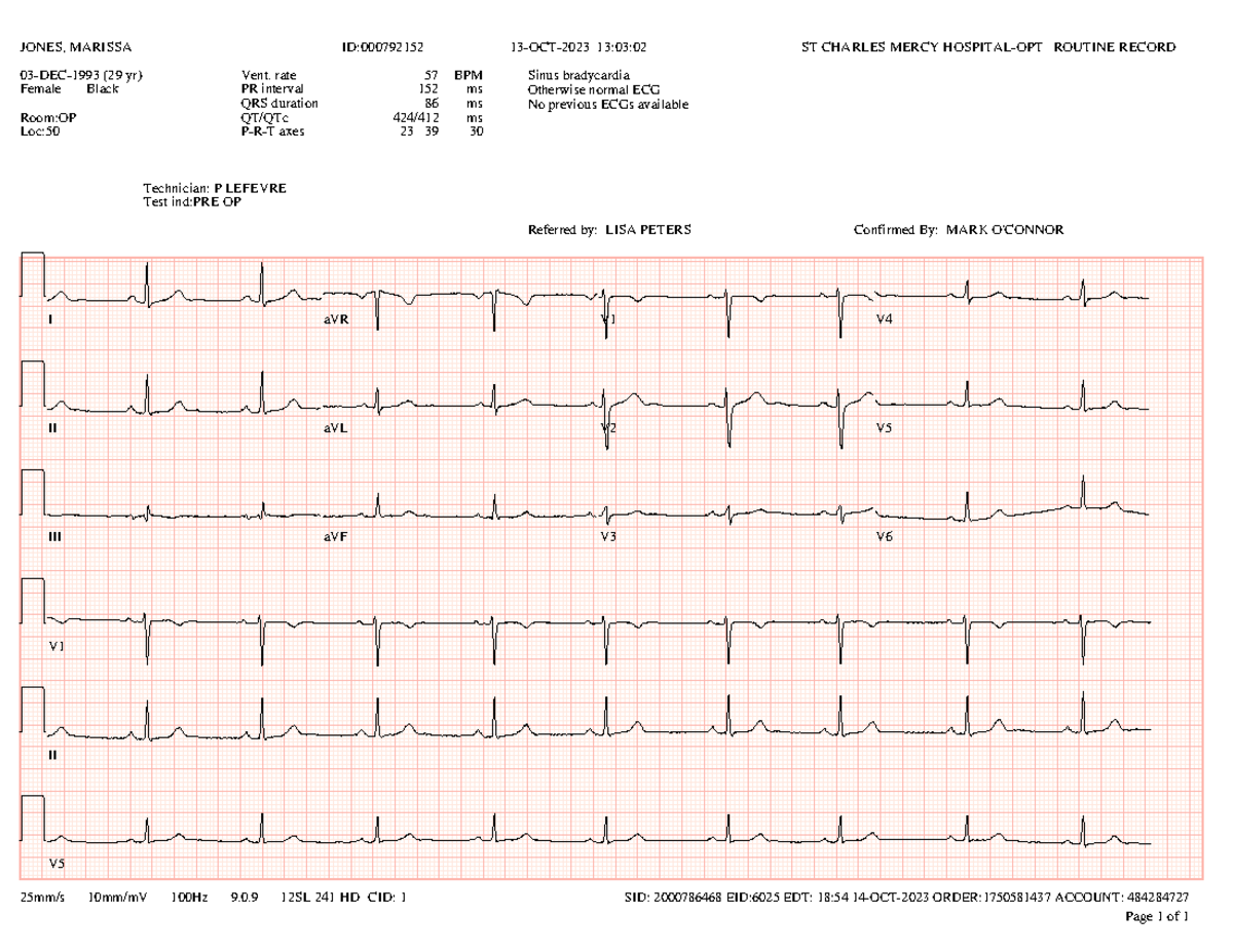 Scan - EKG 12-LEAD - Oct 14, 2023 - I II III aVR aVL aVF V1 V2 V V4 V5 V V1 II V JONES, MARISSA ...