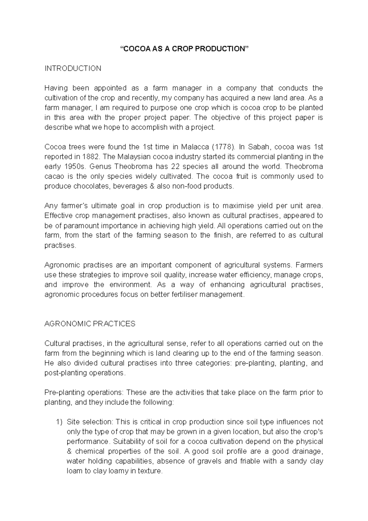 Agr272 - “COCOA AS A CROP PRODUCTION” - Planting Industry Management ...