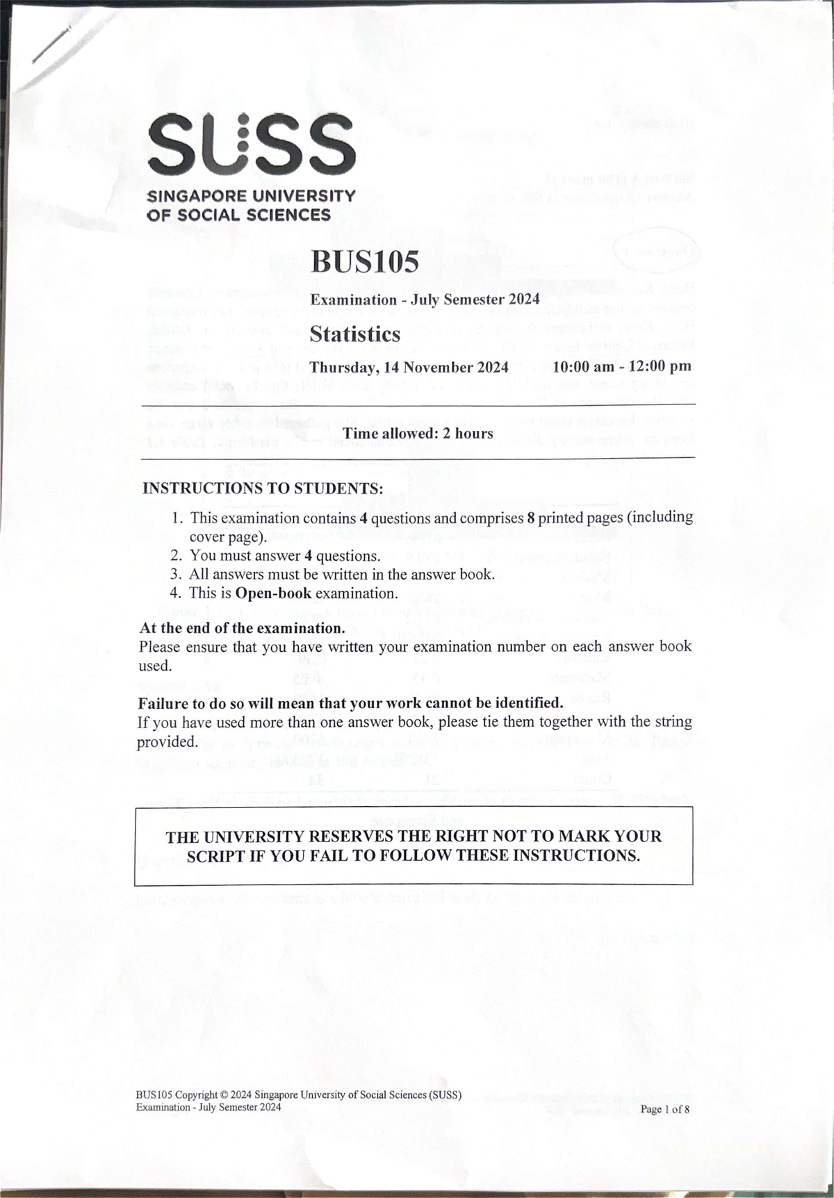 BUS105 EQP Jul 2024 - SUSS SINGAPORE UNIVERSITY OF SOCIAL SCIENCES BUS105 Examination July ...