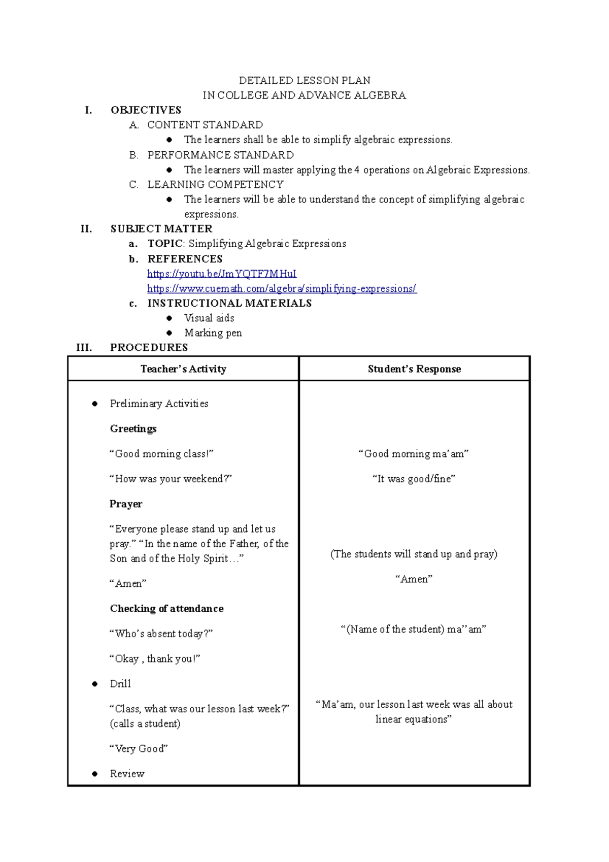 Lesson plan algebra - DETAILED LESSON PLAN IN COLLEGE AND ADVANCE ...