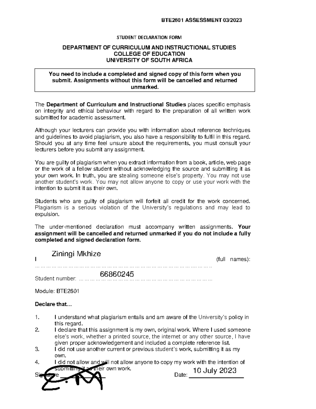 Final Assignment 4 BTE2601 - BTE2601 ASSESSMENT 0 3/ STUDENT ...