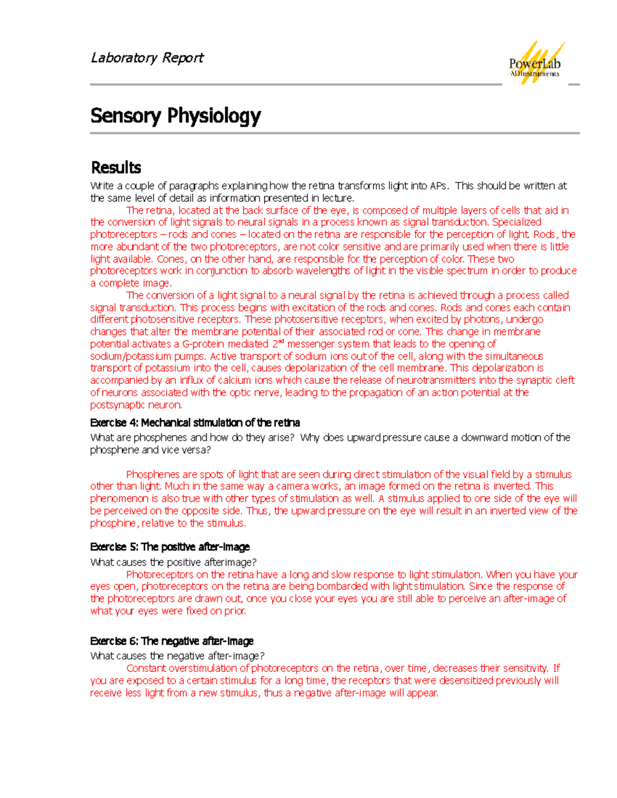 Sensory Report feb - Laboratory Report Sensory Physiology Results Write ...