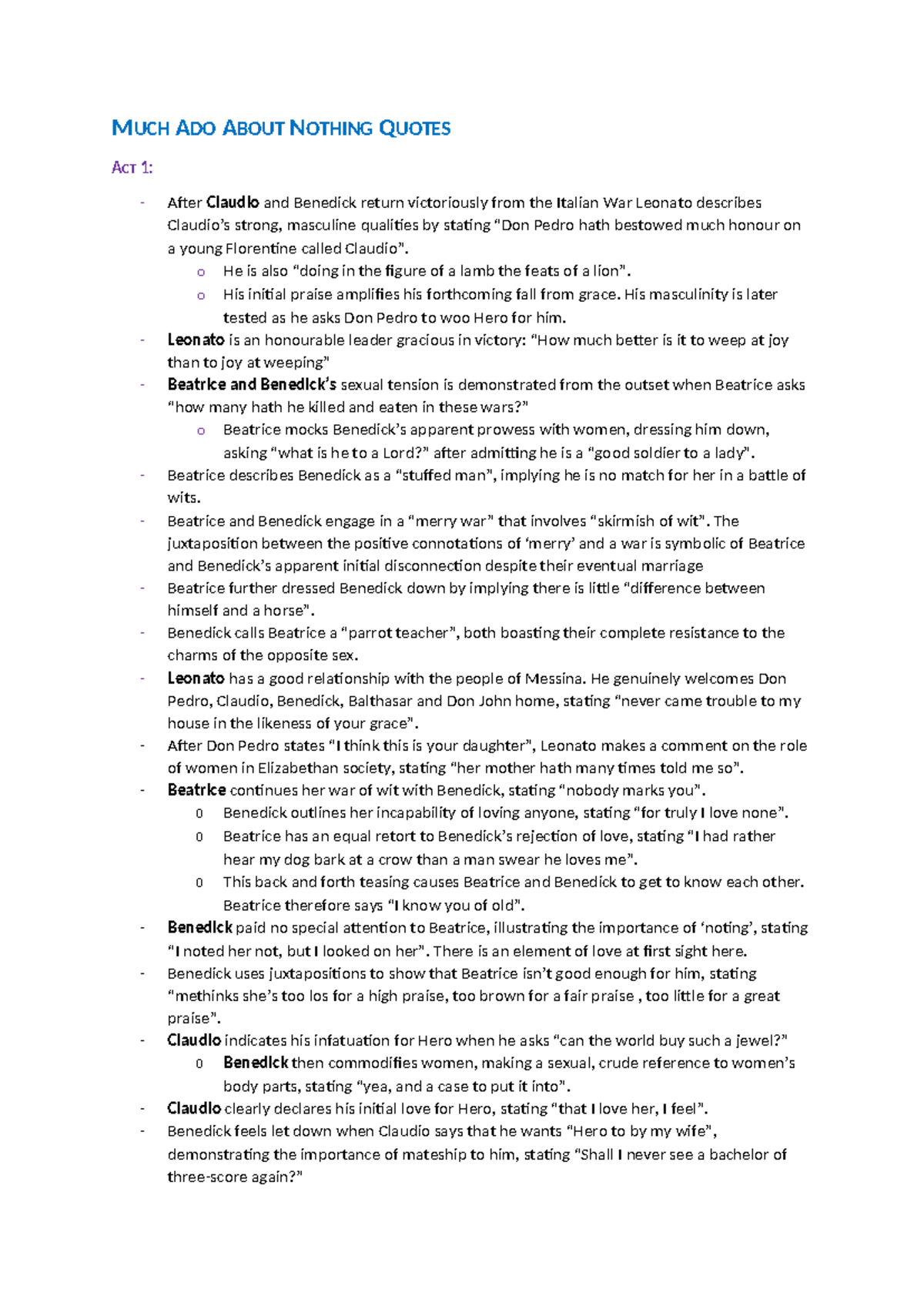 Much Ado About Nothing Quotes Sheet - MUCH ADO ABOUT NOTHING QUOTES ACT ...