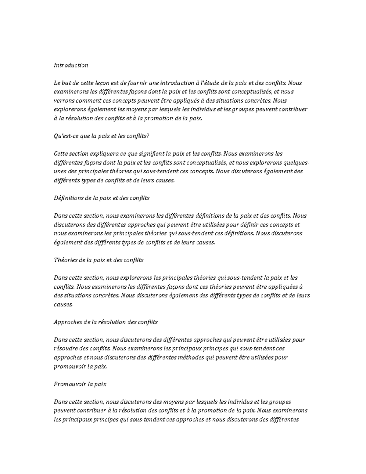 Peace and Conflict Studies Study Notes - Introduction Le but de cette ...