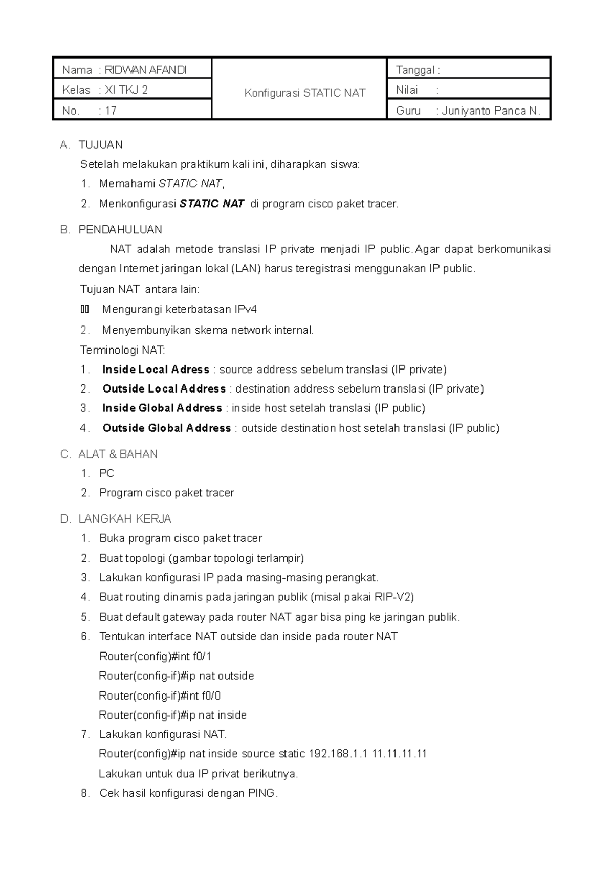 Jobsheet NAT Static ( Laporan - Nama : RIDWAN AFANDI Konfigurasi STATIC ...