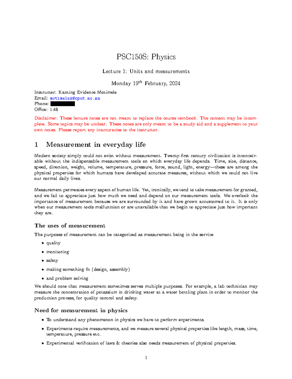 Lecture 1 notes - PSC150S: Physics Lecture 1: Units and measurements ...