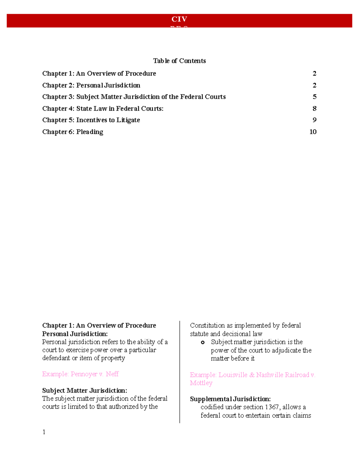 Civ Pro Outline - Table of Contents Chapter 1: An Overview of Procedure ...