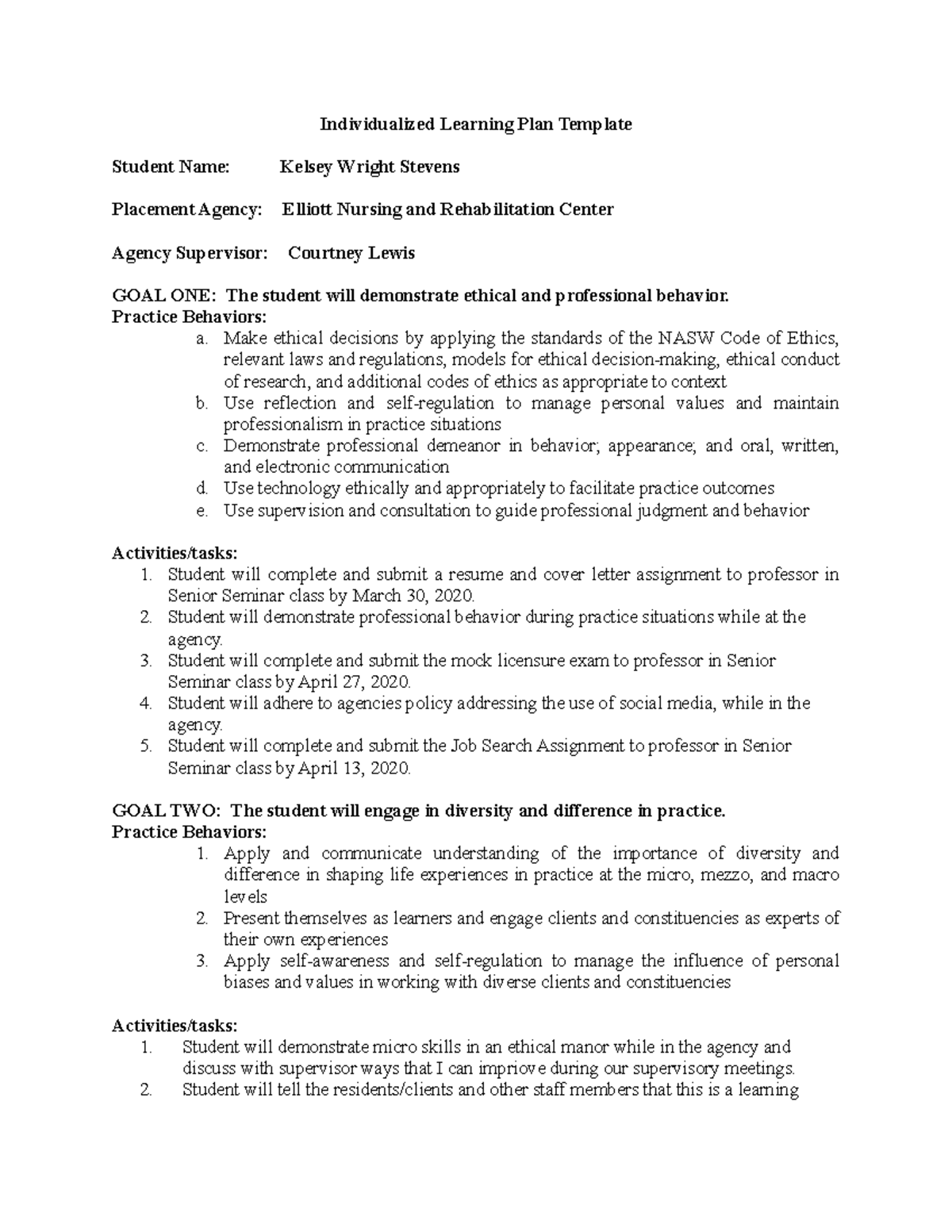 Individualized Learning Plan Template - Practice Behaviors: a. Make ...