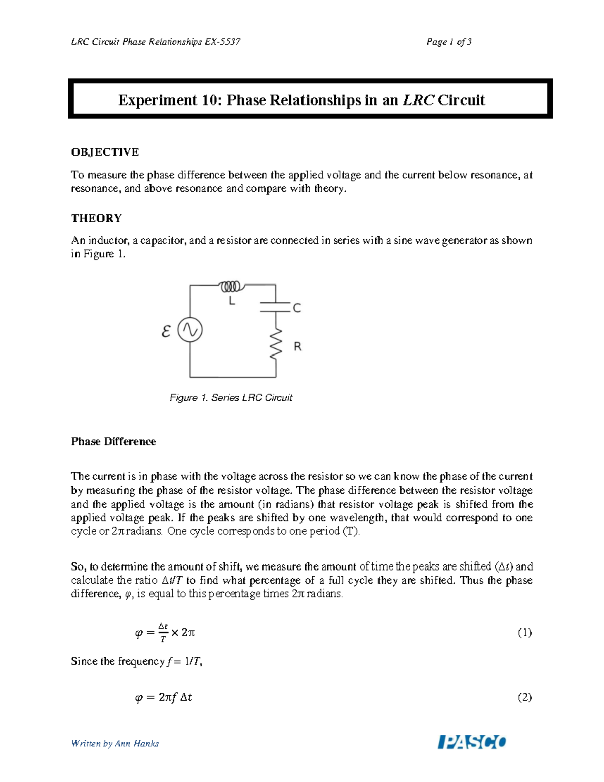 Experiment 10 LRC Phase - LRC Circuit Phase Relationships EX-5537 Page ...