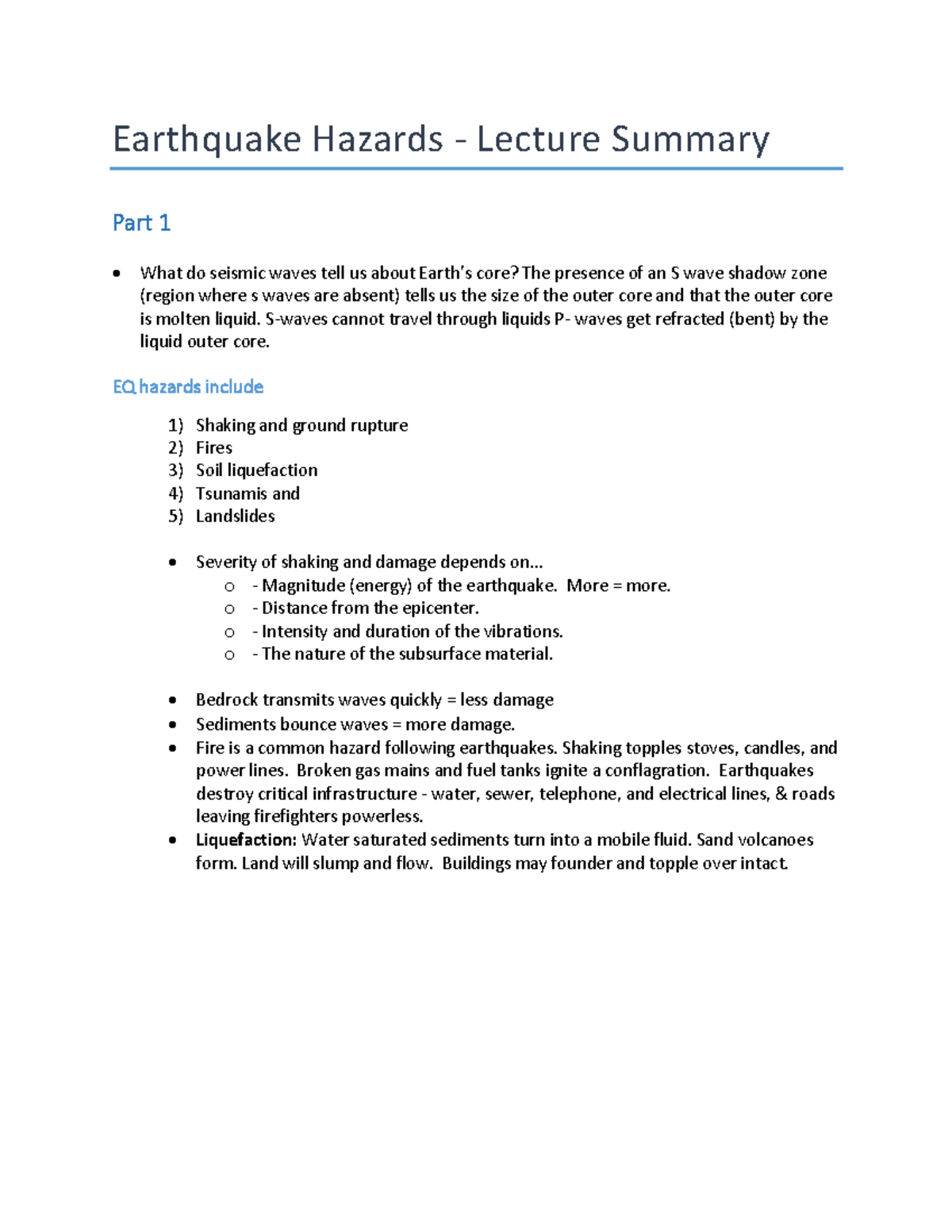 Lecture Summary-Earthquake Hazards-GEOL-11040 - Earthquake Hazards - Lecture Summary Part 1 What ...