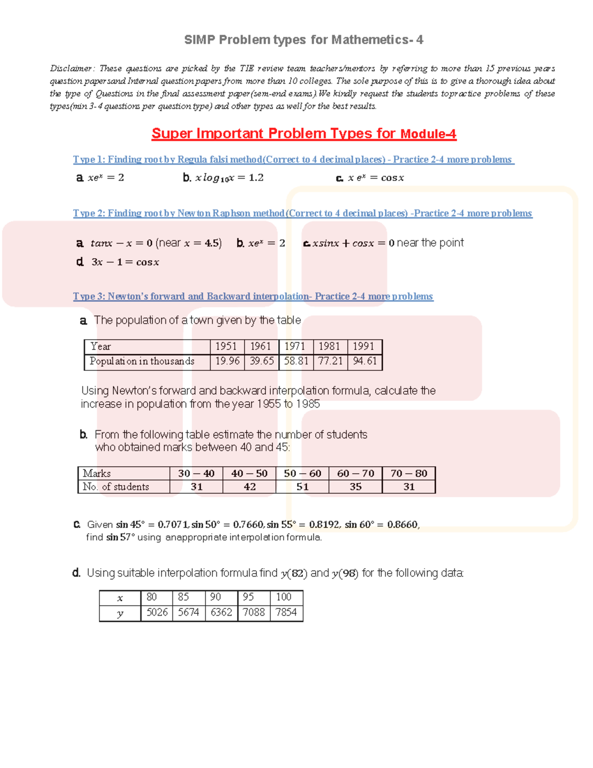 M2- 4,5 simp - SIMP Problem types for Mathemetics- 4 Disclaimer: These questions are picked by ...