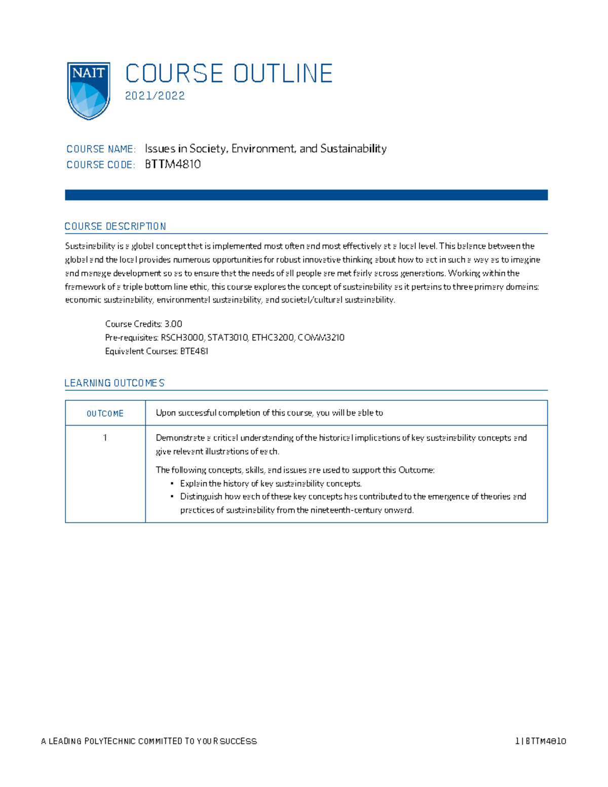 Course Outline BTTM4810 - 2021 - BTTM4810 - NAIT - Studocu