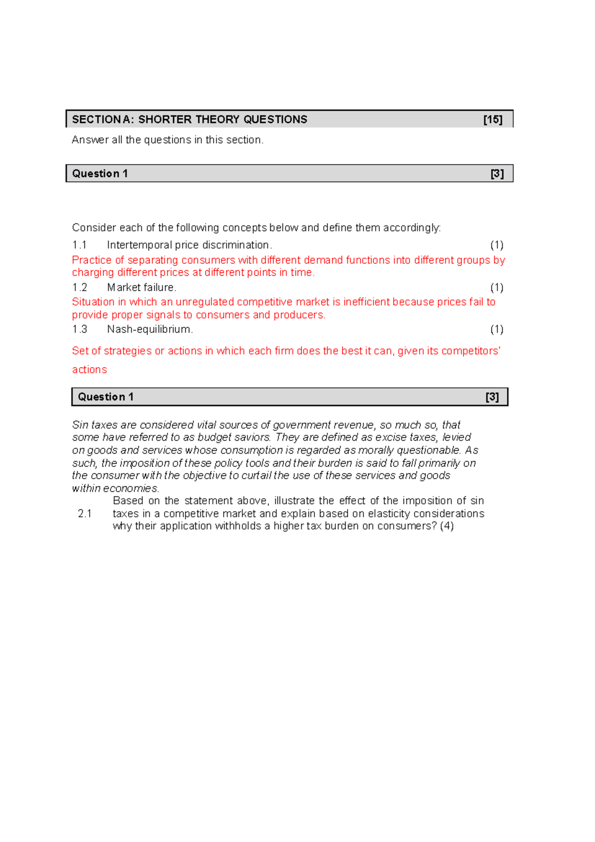 Class test 3 - ECON 221 memo final - SECTION A: SHORTER THEORY ...