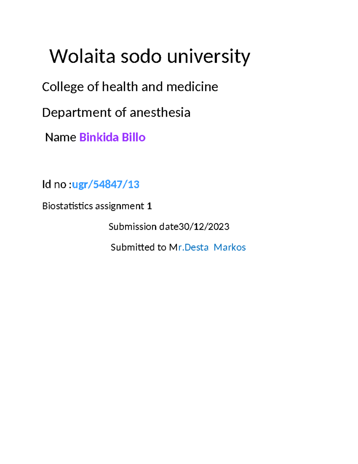 Binkisa Billo - Wolaita sodo university College of health and medicine ...