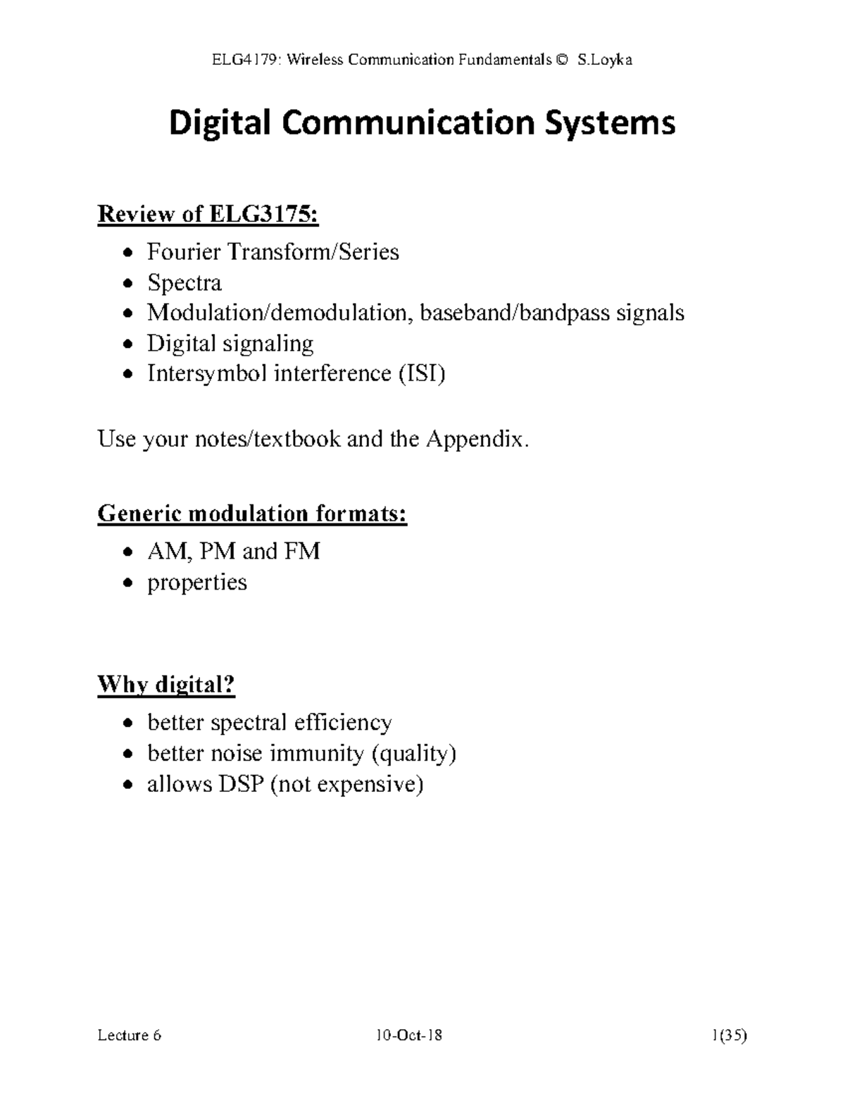 ELEC 464- Wireless Communication Lecture 6 - Digital Communication Systems Review of ELG3175 ...