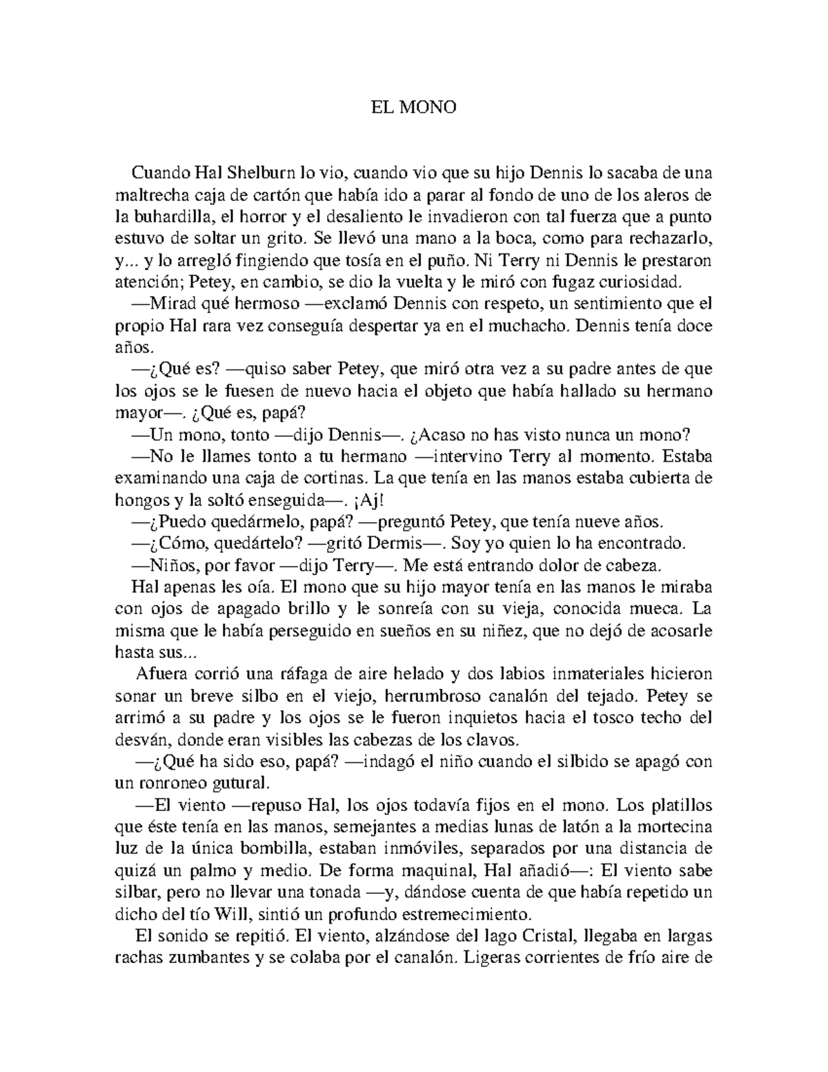 el mono stephen king - EL MONO Cuando Hal Shelburn lo vio, cuando vio ...