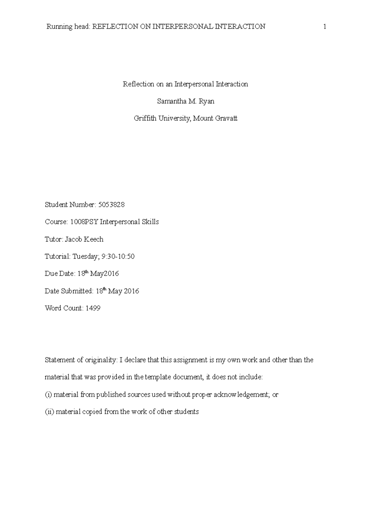 Reflective Essay - This assignment was about reflection on an ...