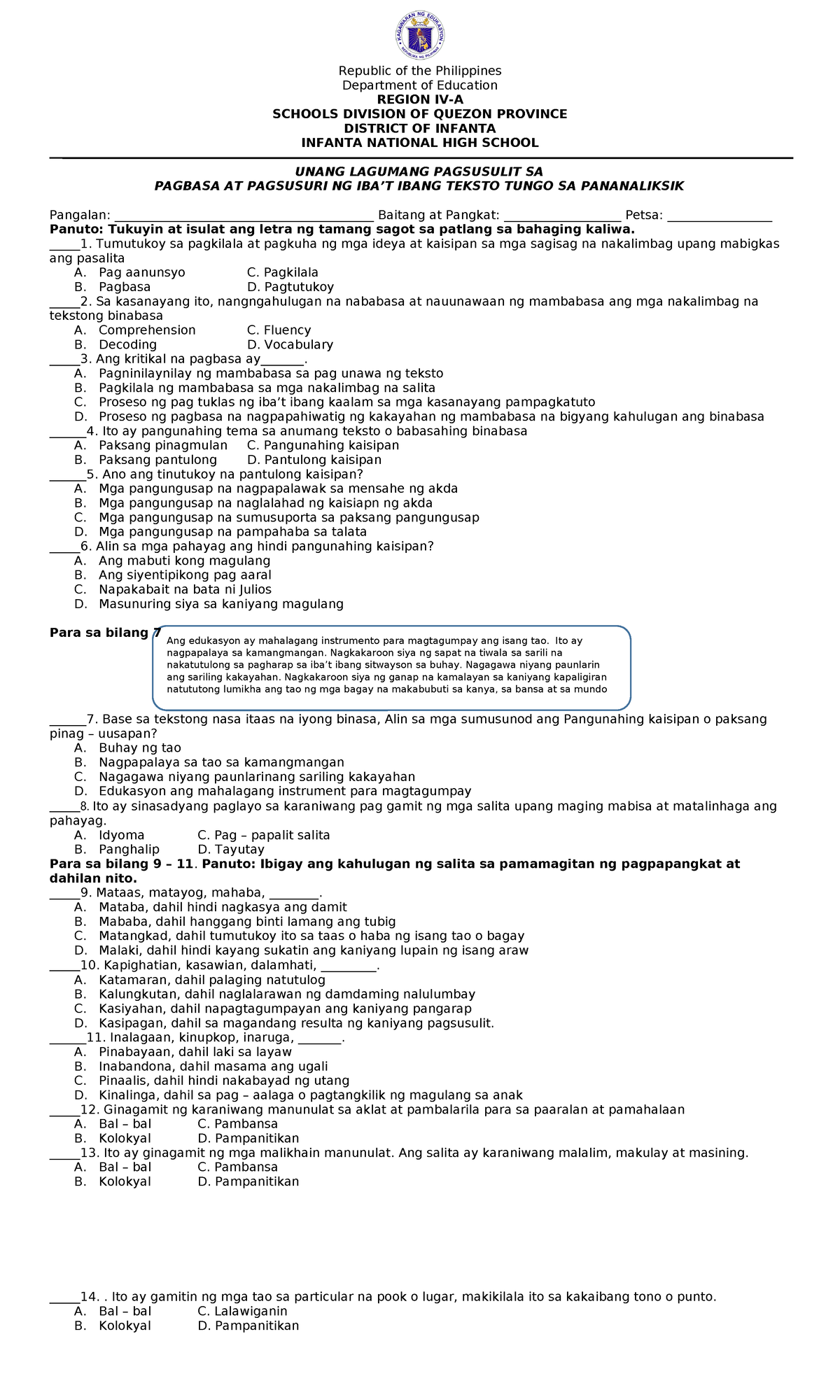 MDAT EXAM Pagbasa - mdat exam - Ang edukasyon ay mahalagang instrumento ...