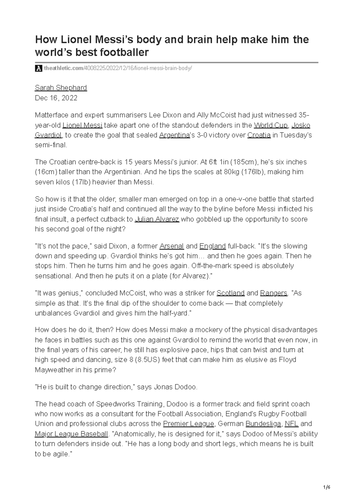 The Athletic Messi Article - How Lionel Messi’s body and brain help ...