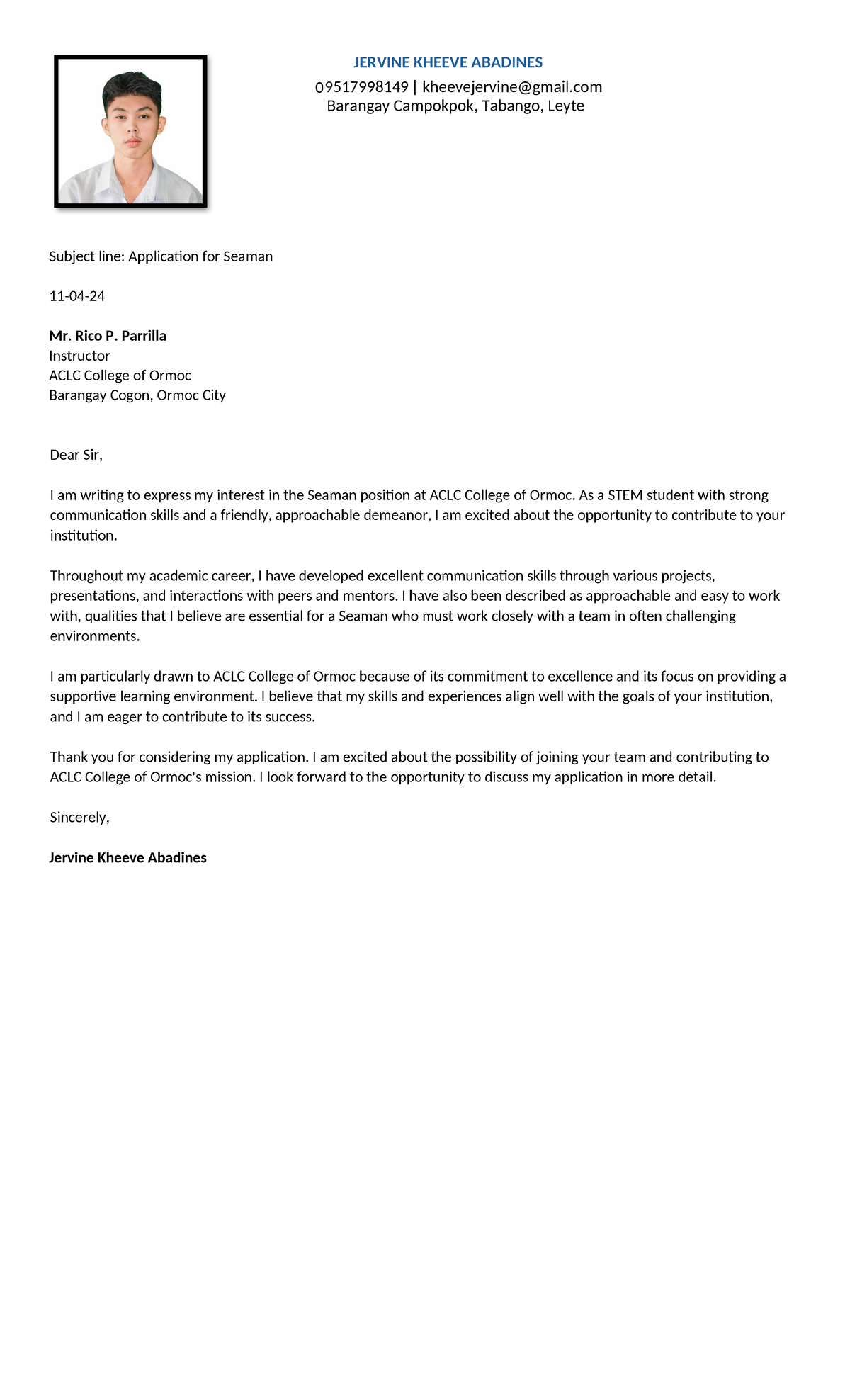 Cover- Letter-Abadines - Subject line: Application for Seaman 11-04- Mr ...