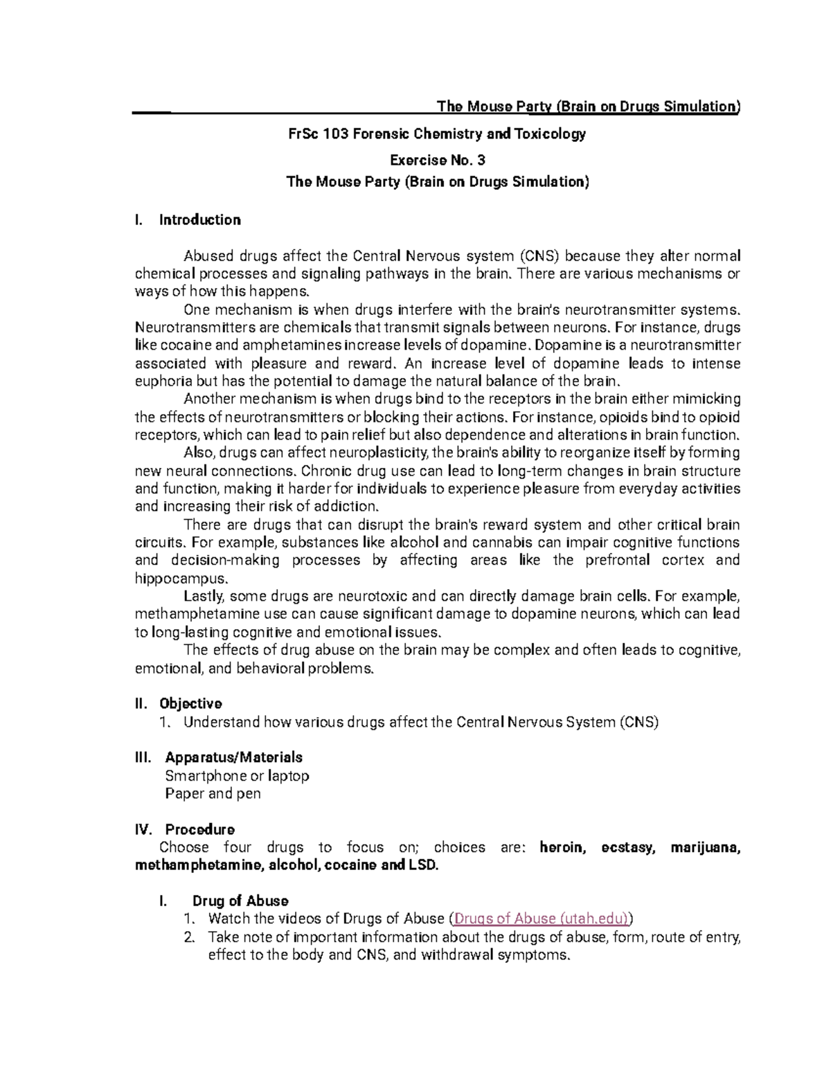 Exercise 3 The Mouse Party - The Mouse Party (Brain on Drugs Simulation ...