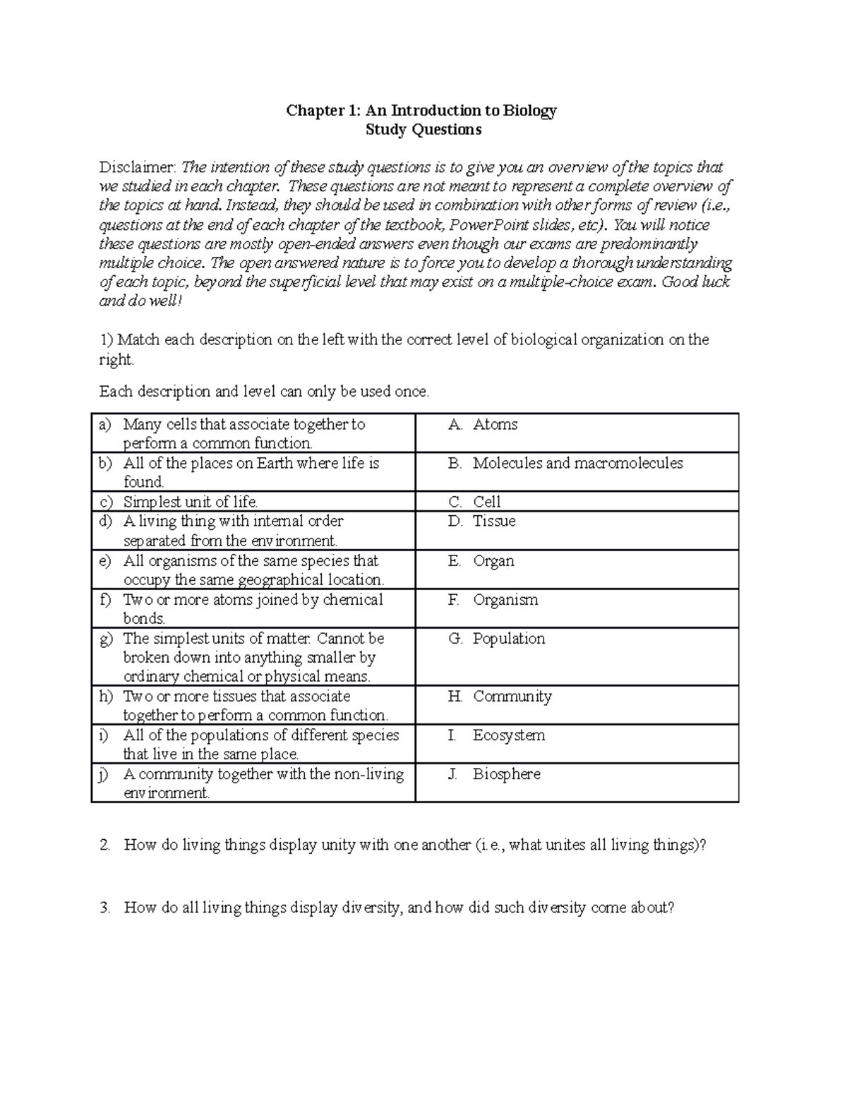 Chapter 1- An Intro to Biology- Study Questions - Chapter 1: An ...