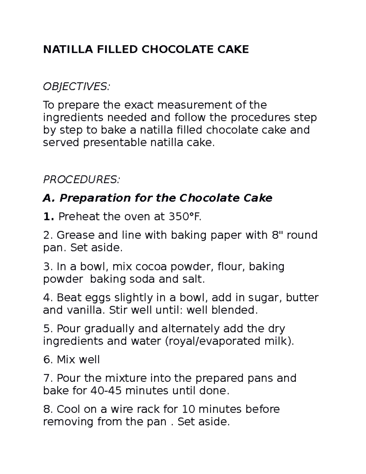 Natilla Filled-WPS Office - NATILLA FILLED CHOCOLATE CAKE OBJECTIVES ...
