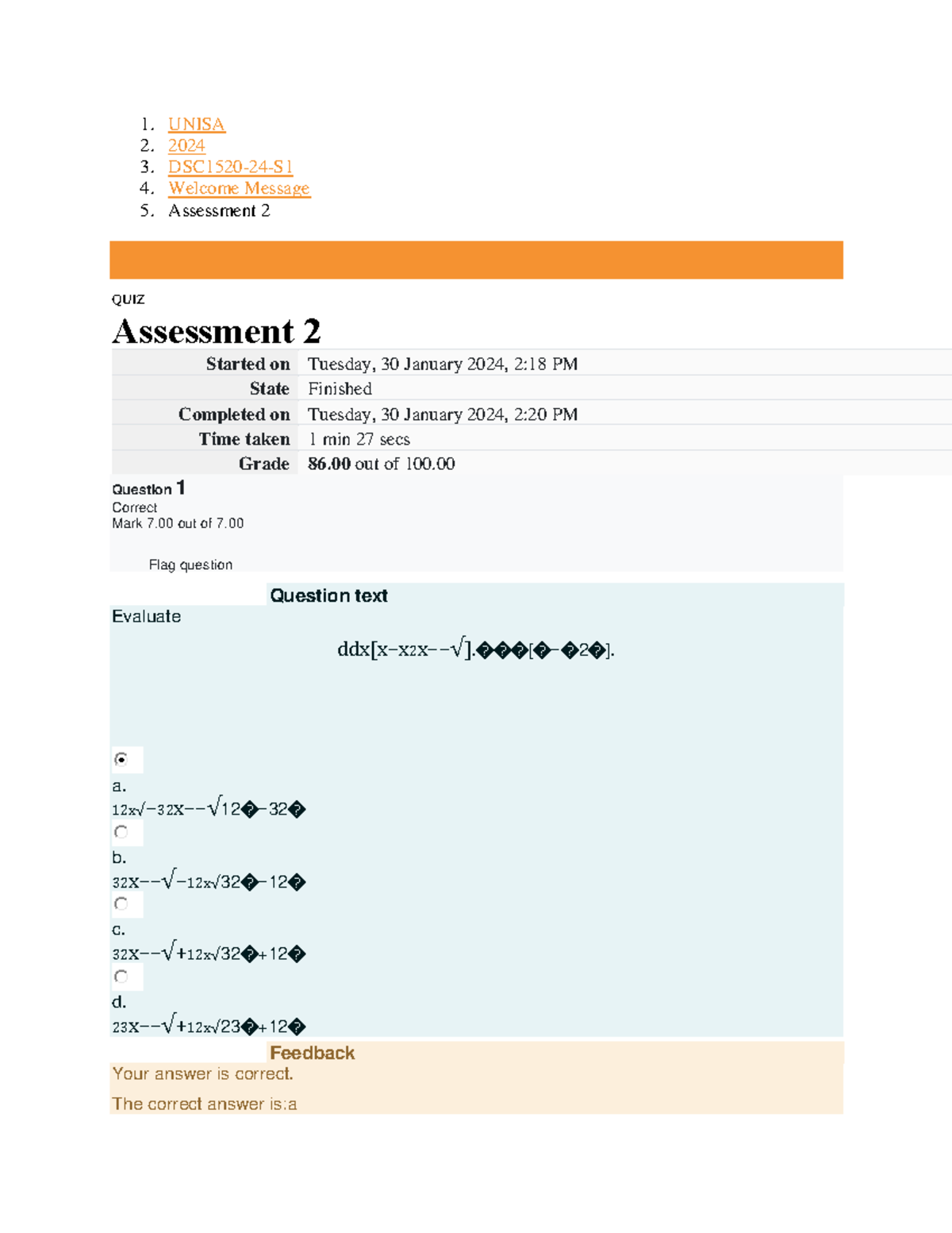 Dsc ass2 memo 2024 - Memo - 1. UNISA 2. 2024 3. DSC1520- 24 - S 4. Welcome Message 5. Assessment ...