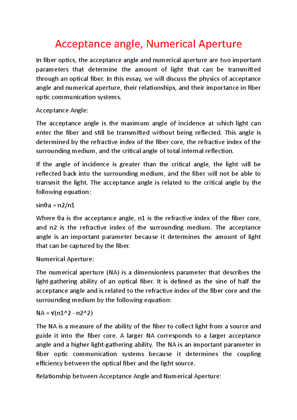 Acceptance angle, Numerical Aperture - In this essay, we will discuss ...