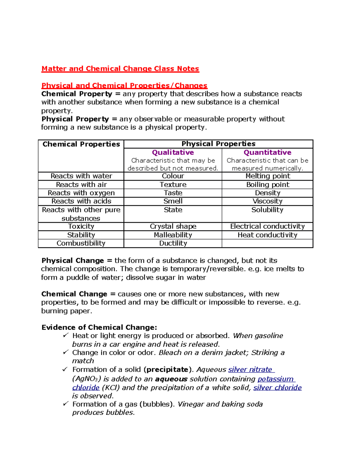 Matter and Chemical Change Class Notes - Matter and Chemical Change ...