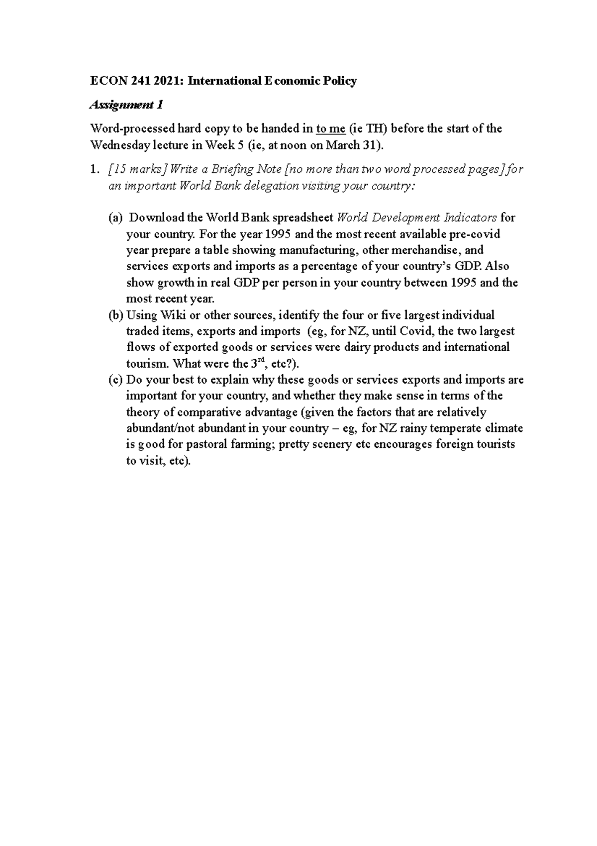 International Economics ECON 241 2021 Assignment 1 - ECON 241 2021 ...