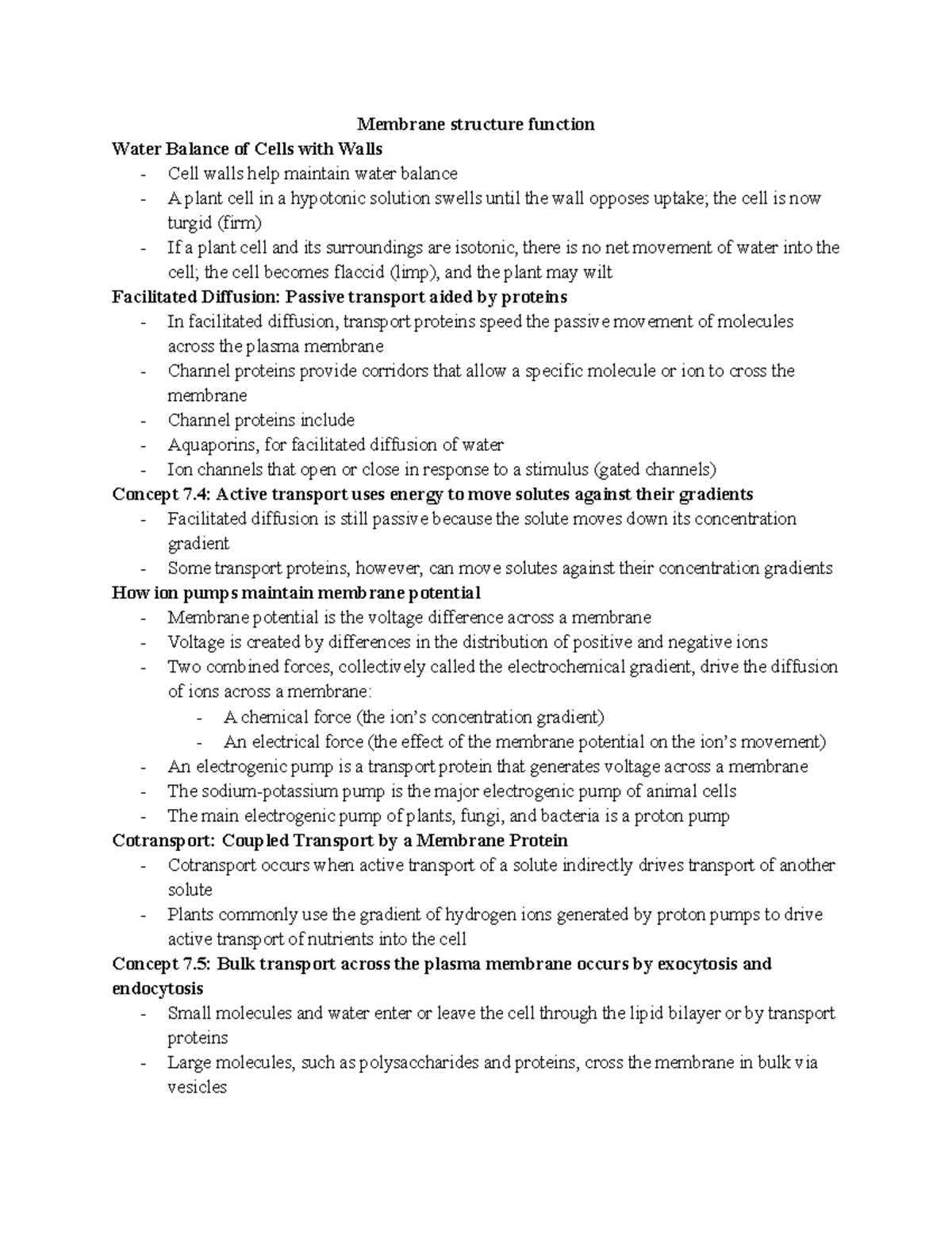 Bio 7.3 notes - Membrane structure function Water Balance of Cells with ...