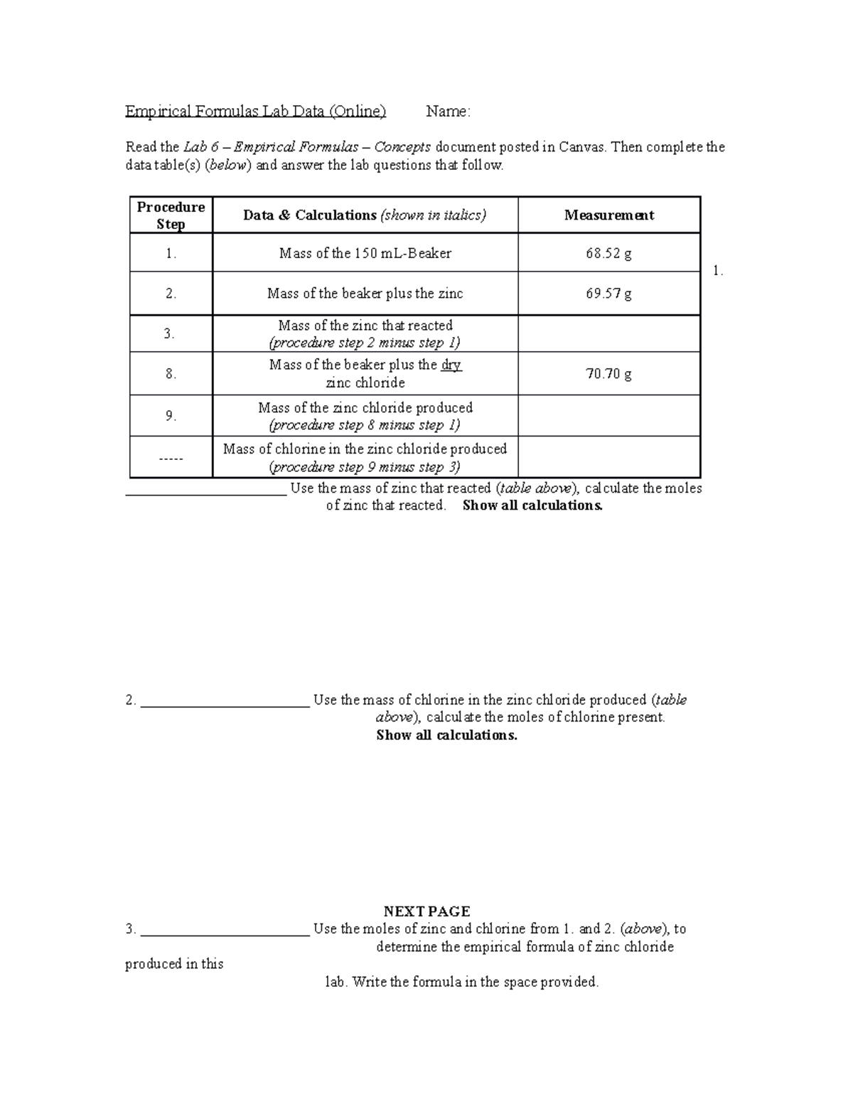 Lab 6 - Empirical Formulas - OL Lab Report - Empirical Formulas Lab ...