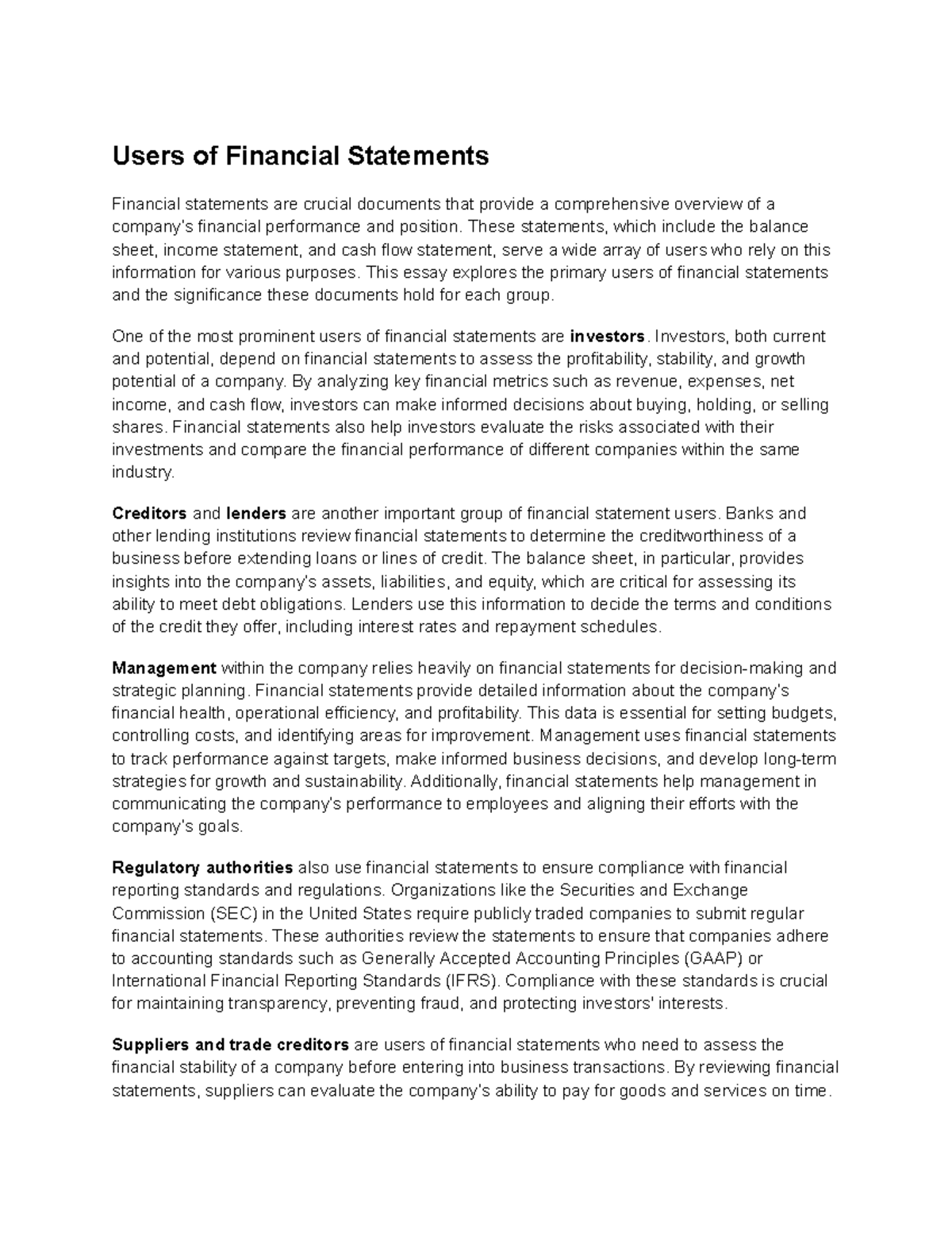 Users of Financial Statements - Users of Financial Statements Financial ...