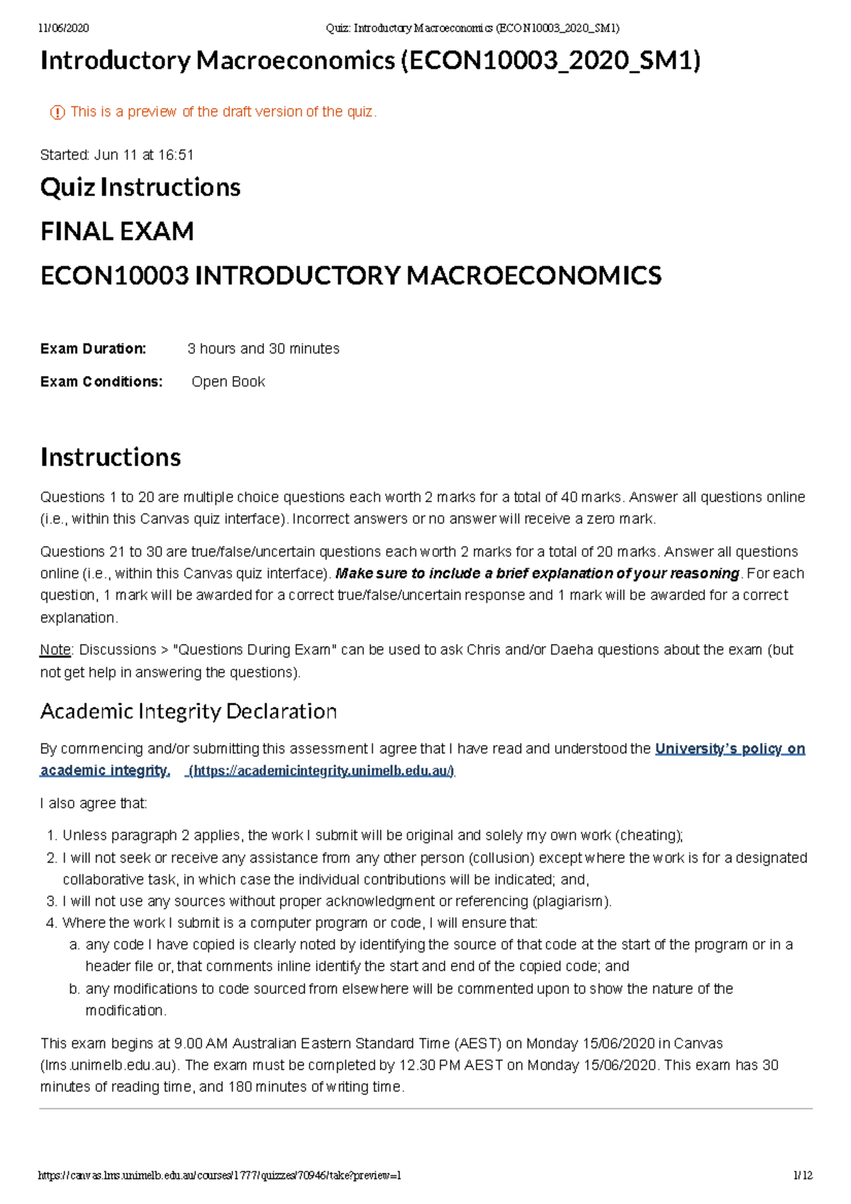 Econ10003 sample exam 2021 - Introductory Macroeconomics (ECON10003_2020_SM1) This is a preview ...