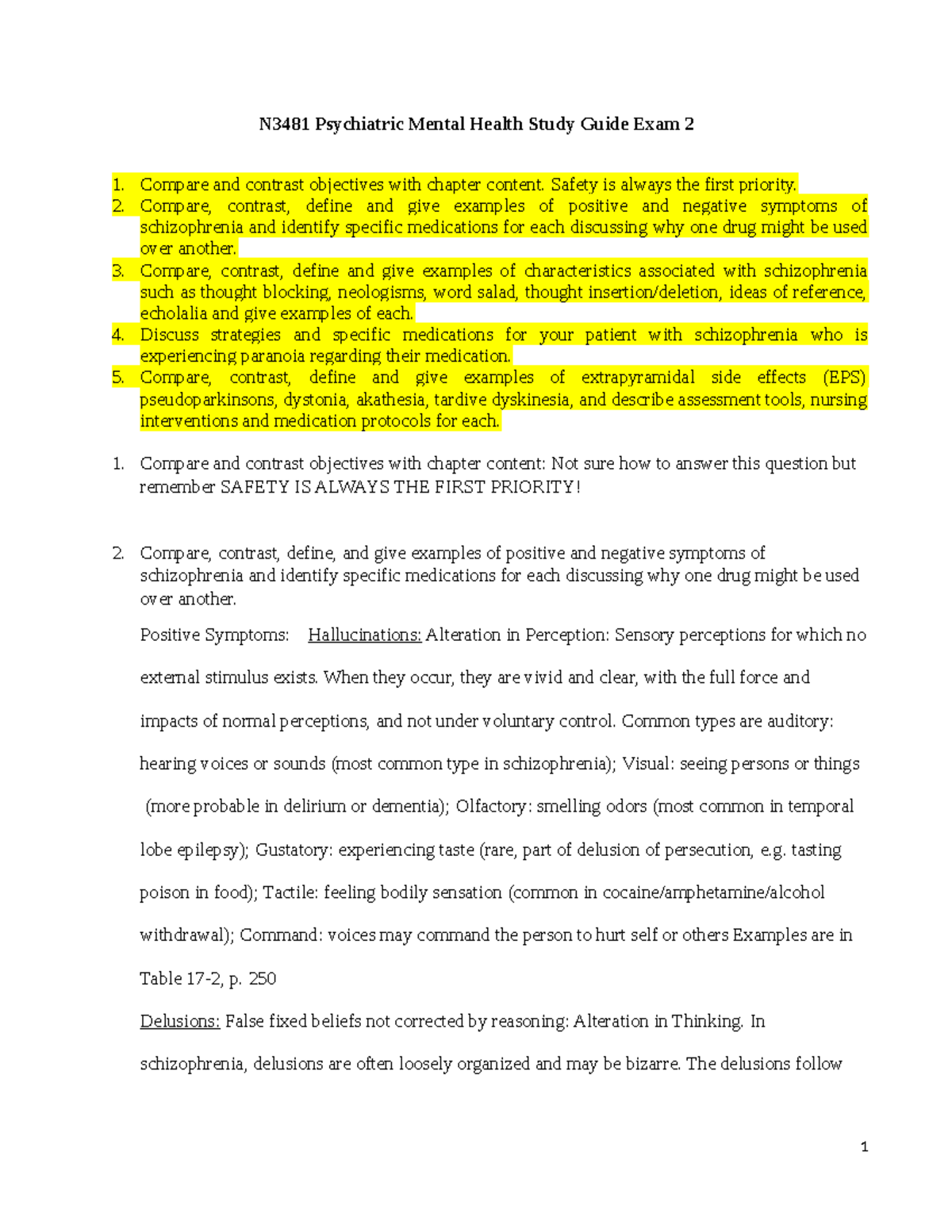 Psychiatric Mental Health Study Guide Exam 2 - Compare and contrast ...