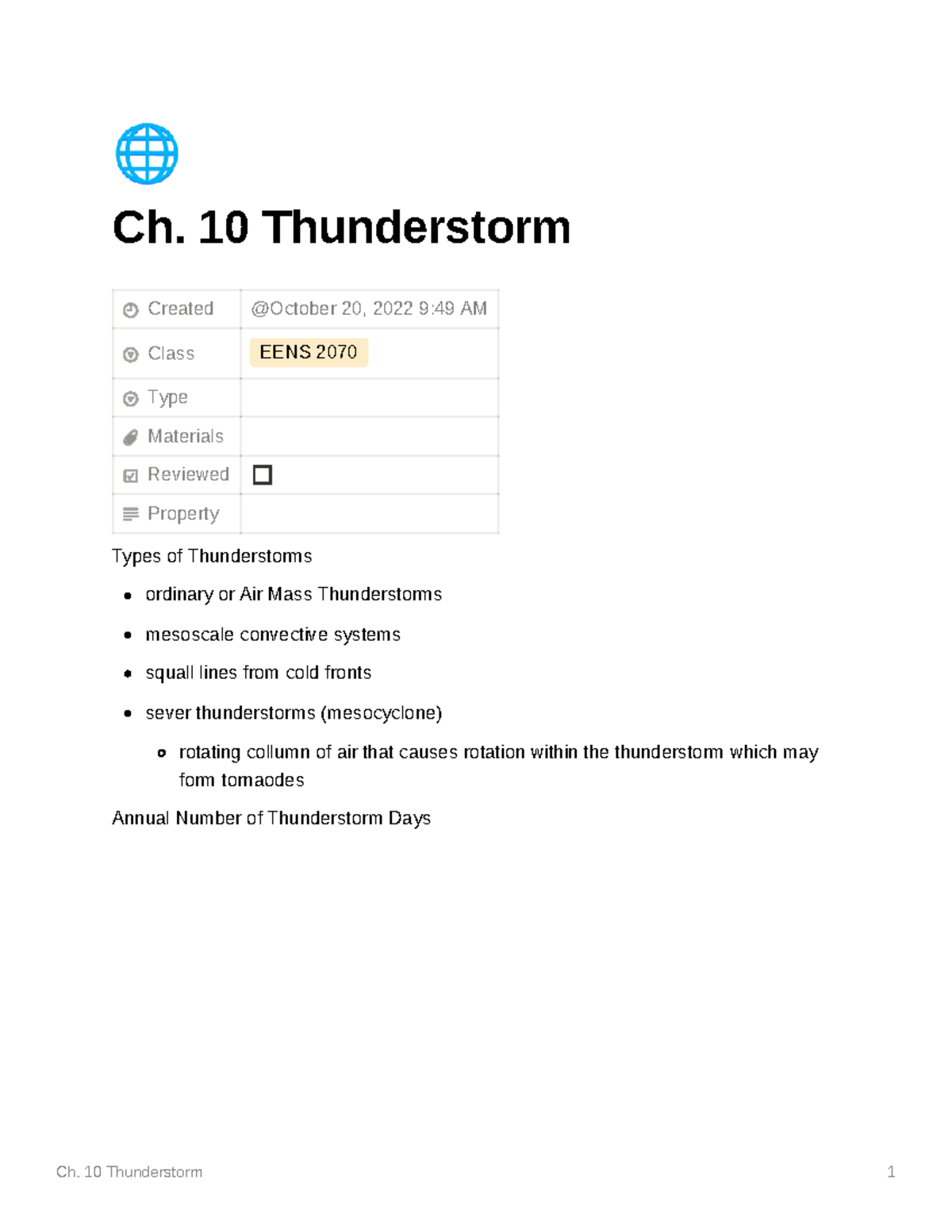 Ch - Lecture notes based on EENS 2070-01 - Ch. 10 Thunderstorm Created ...
