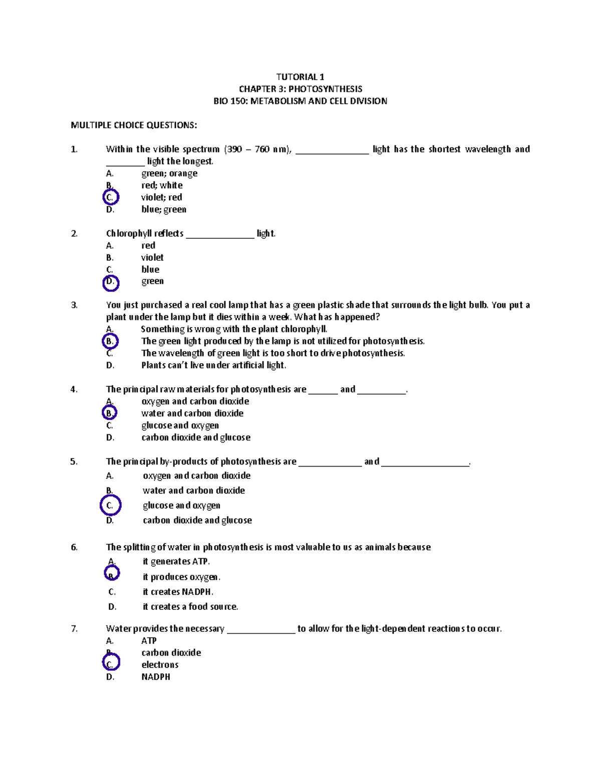BIO 150 Chapter 3 Tutorial 1 - TUTORIAL 1 CHAPTER 3: PHOTOSYNTHESIS BIO ...