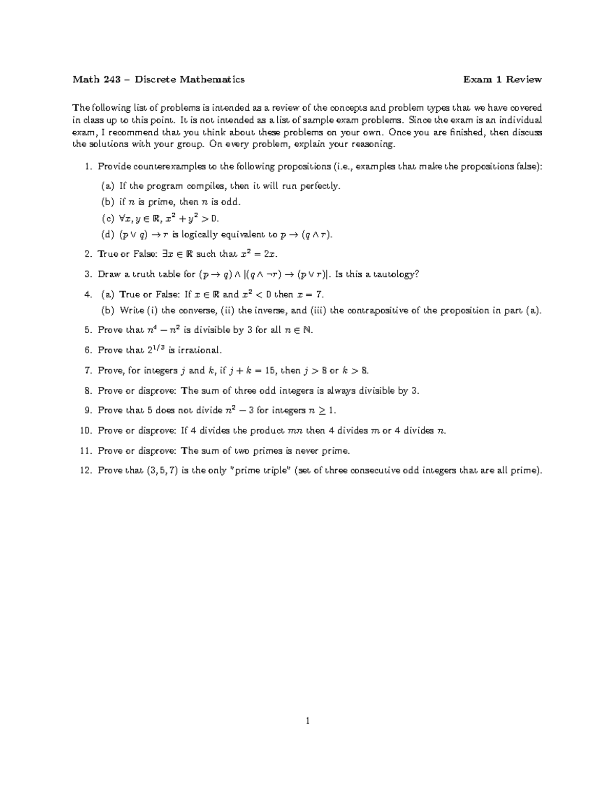 Exam 1 Review F18 - Math 243 Discrete Mathematics Exam 1 Review The ...