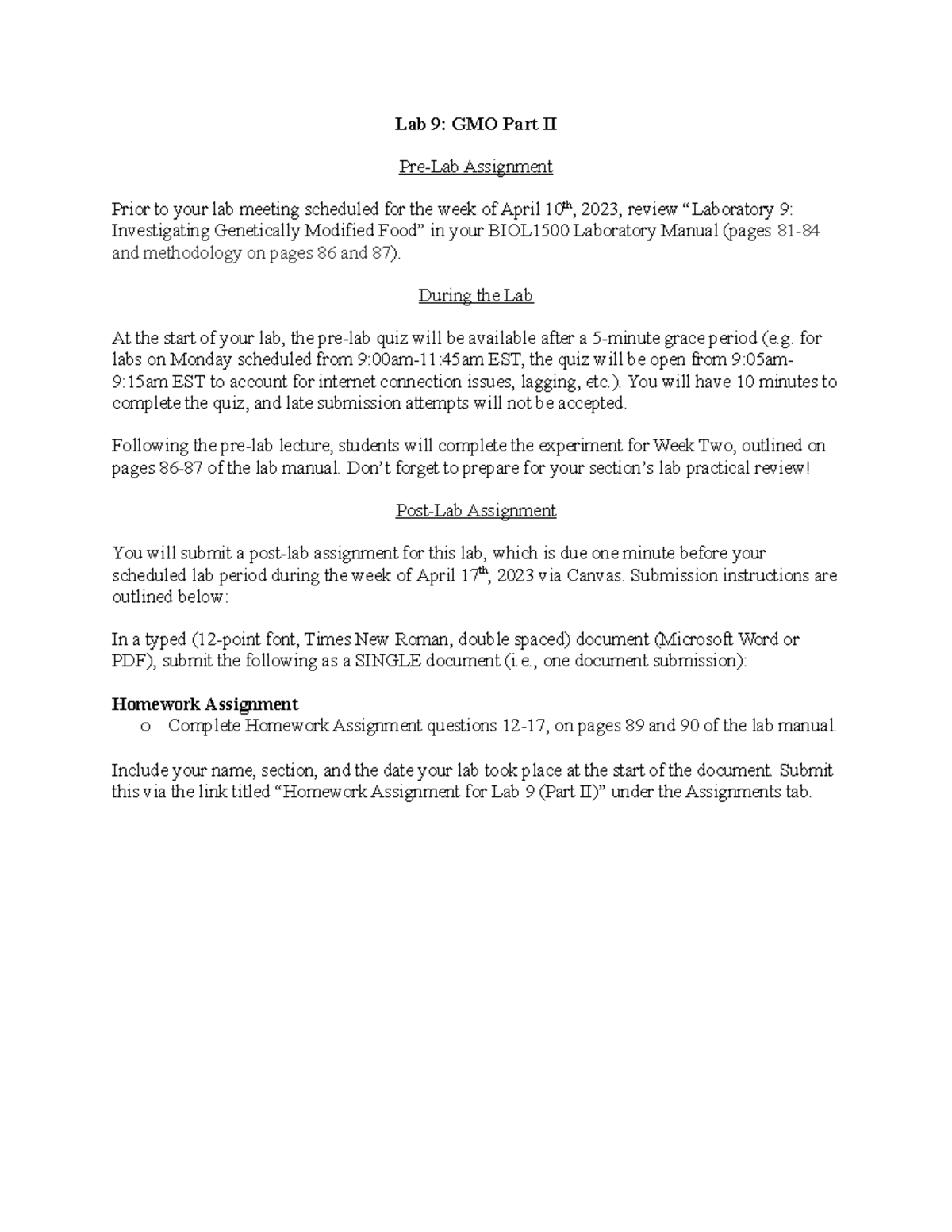 GMO Part II Lab Agenda - hope it help - Lab 9: GMO Part II Pre-Lab ...