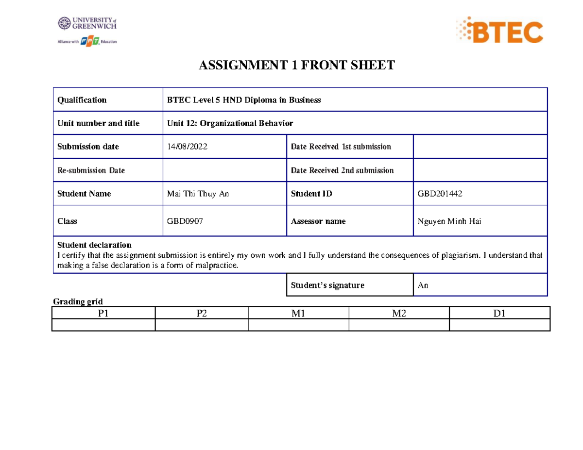 525 Assignment 1 GBD0907 Mai Thi Thuy An - ASSIGNMENT 1 FRONT SHEET Qualification BTEC Level 5 ...