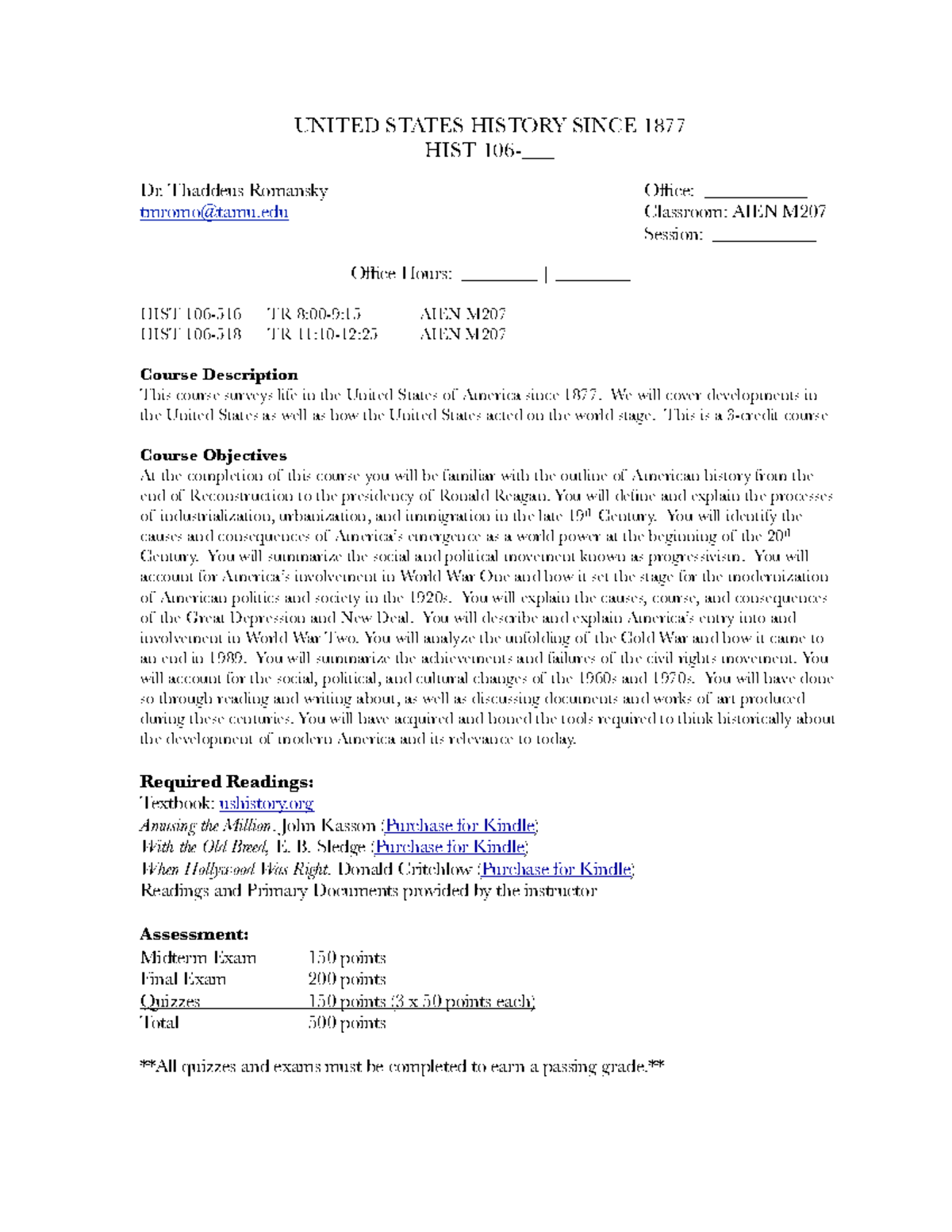 HIST 106 Romansky - Syllabus PDF - UNITED STATES HISTORY SINCE 1877 ...