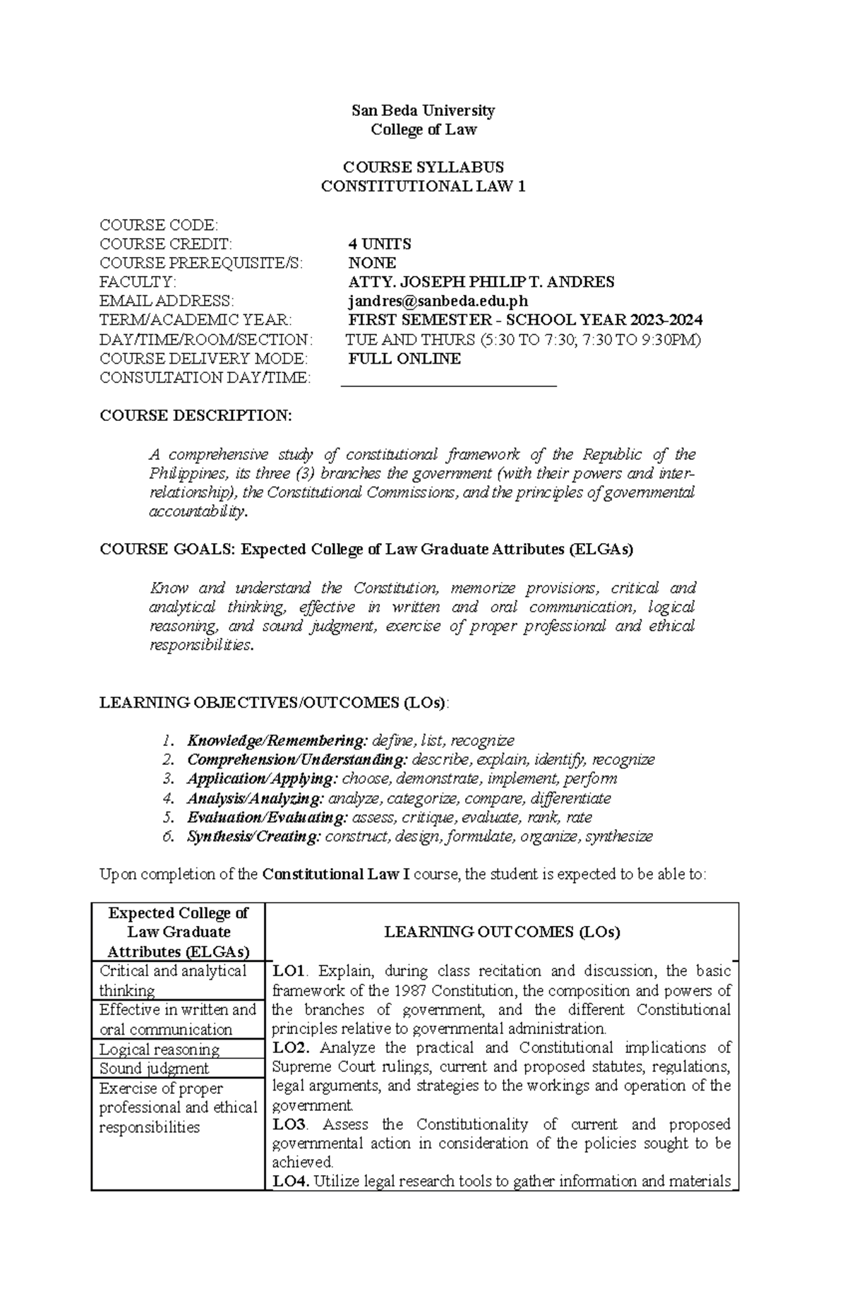 Consti LAW1 DEPT Syllabus SY2023 2024 - San Beda University College of ...