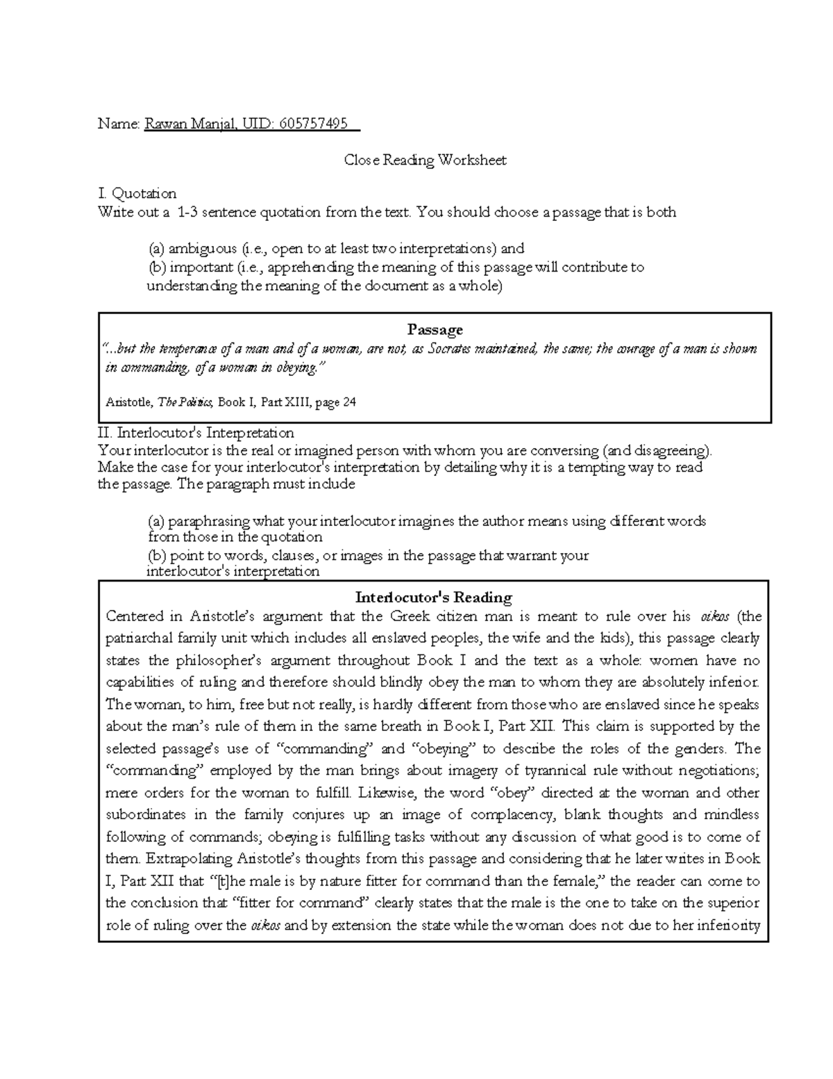 Aristotle Close Reading Worksheet - Name: Rawan Manjal, UID: 605757495 ...