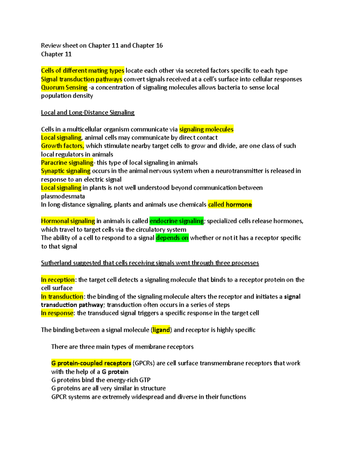 Review sheet on chapter 11 & 16 - Review sheet on Chapter 11 and ...